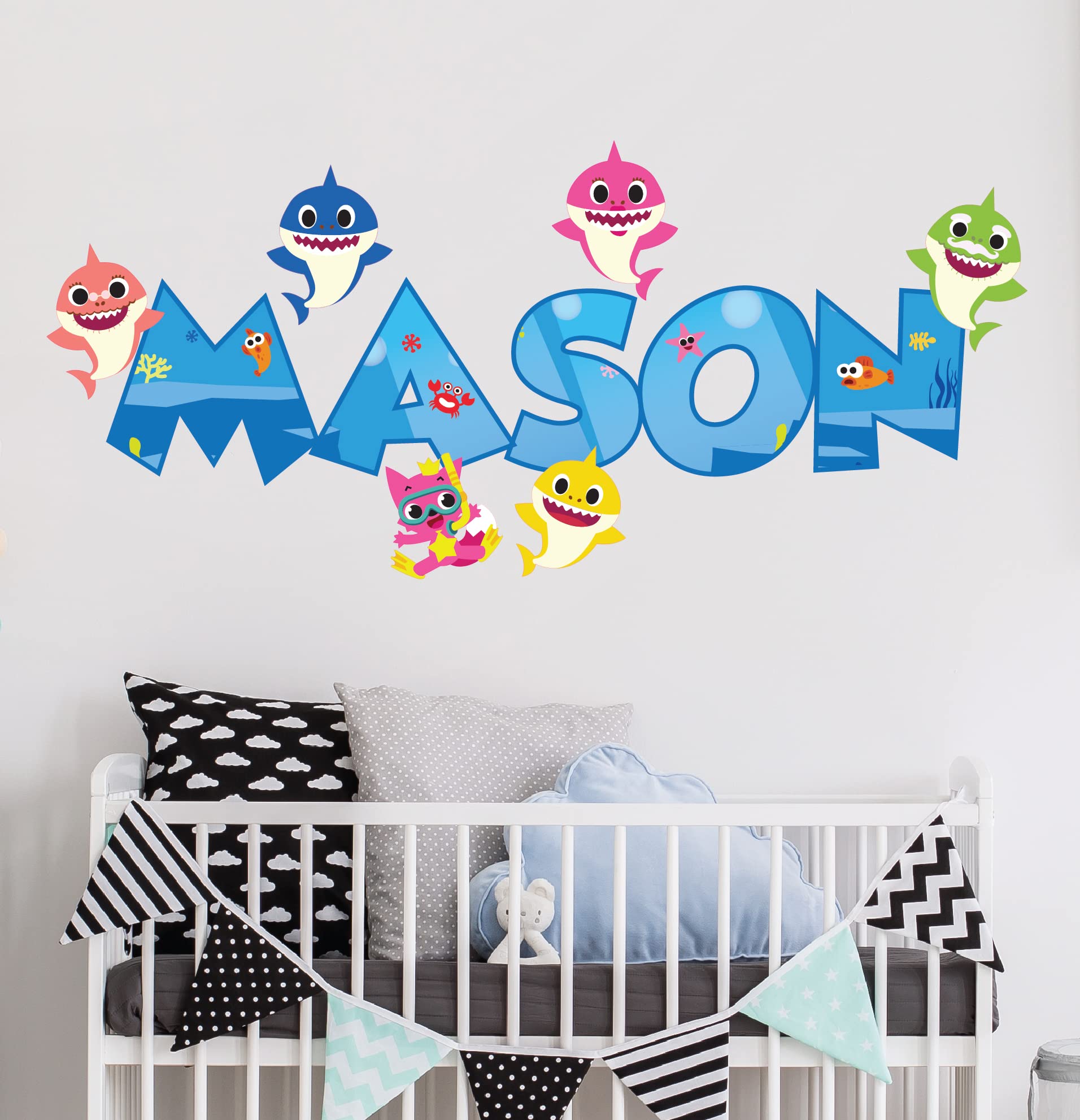 Crew Decals Shark Wall Decal Baby Name Decor Sticker Nursery Room Personalized Kids Large Gift Custom Peel and Stick Vinyl HA27