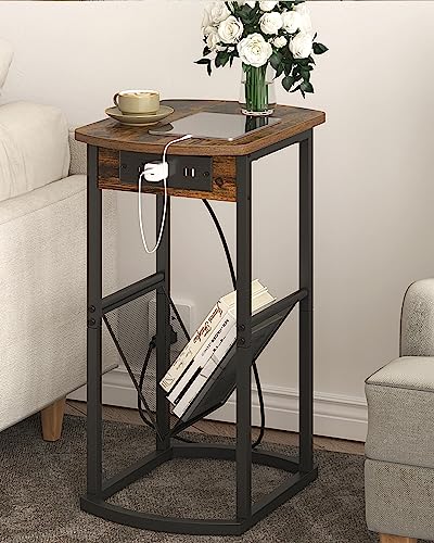 Hzuaneri Side Table with Charging Station, End Table with V-Mesh Magazine Holder, Industrial Record Player Stand with CD Album Storage Shelf, Rustic Brown and Black ET05401B