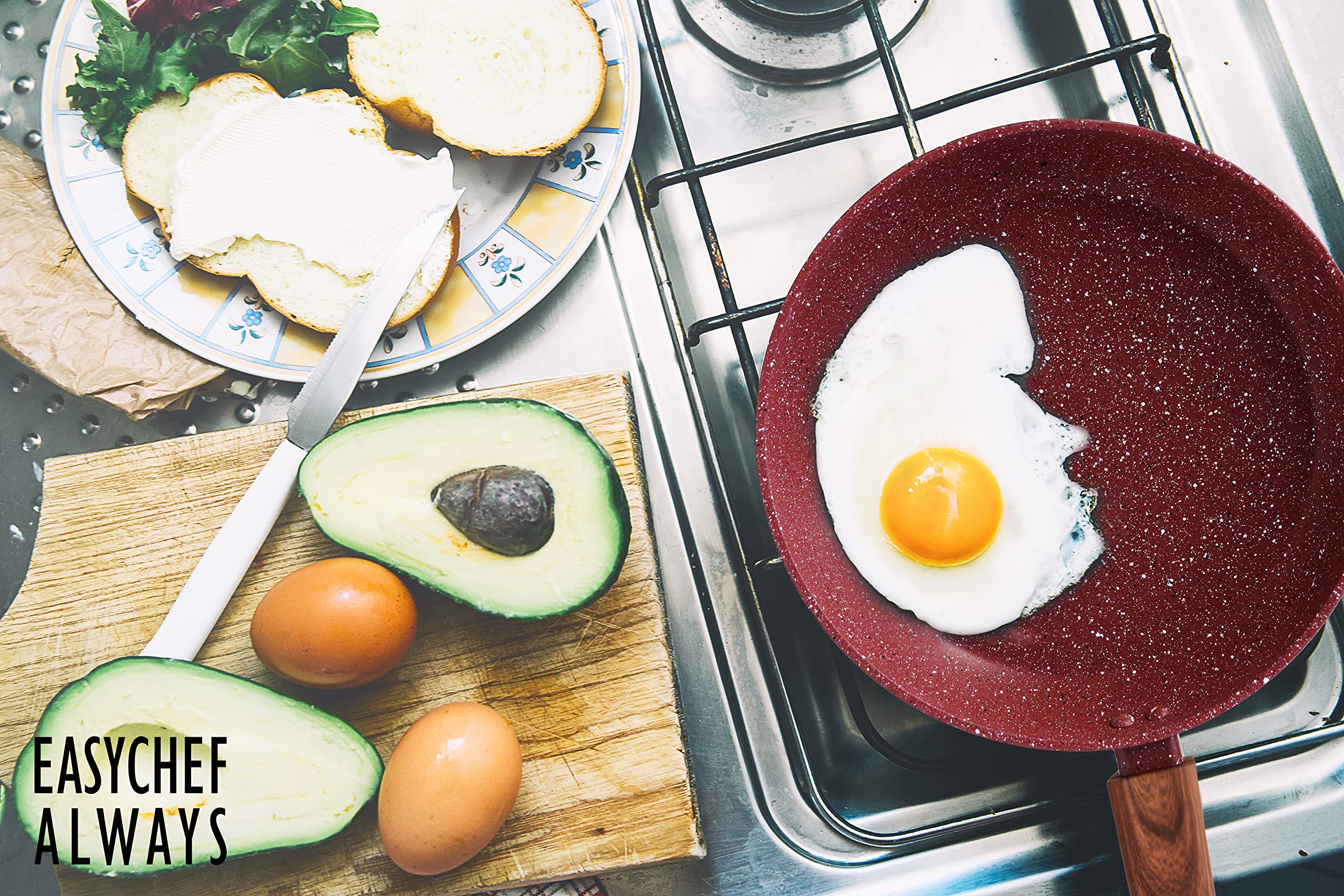 Easy chef always, Nonstick Frying Pan Skillet, 10inch, Non Stick Granite Red Coating, Egg Pan Fry Pan Omelet Pan Healthy Stone Cookware Chef’s Pan, PFOA Free, Induction Compatible
