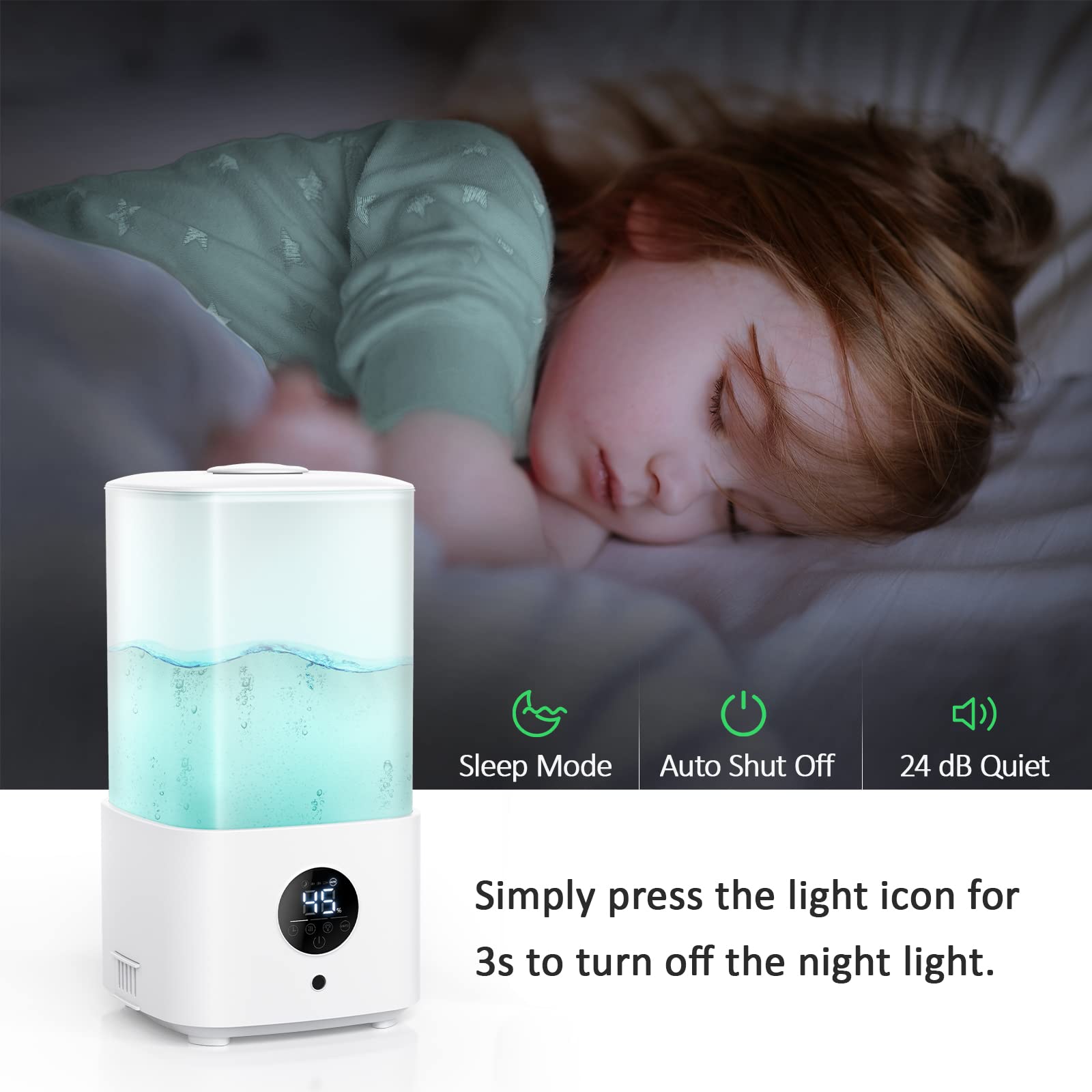Cool Mist Humidifier Diffuser-2.5L Auto Humidity Top Fill Humidifier for Bedroom/Office/Baby/Yoga/Pets/Plants with Night Light, 3 Level Mist, 360° Nozzle, Auto Shut-Off, 12-38 Run Time, Super Quiet
