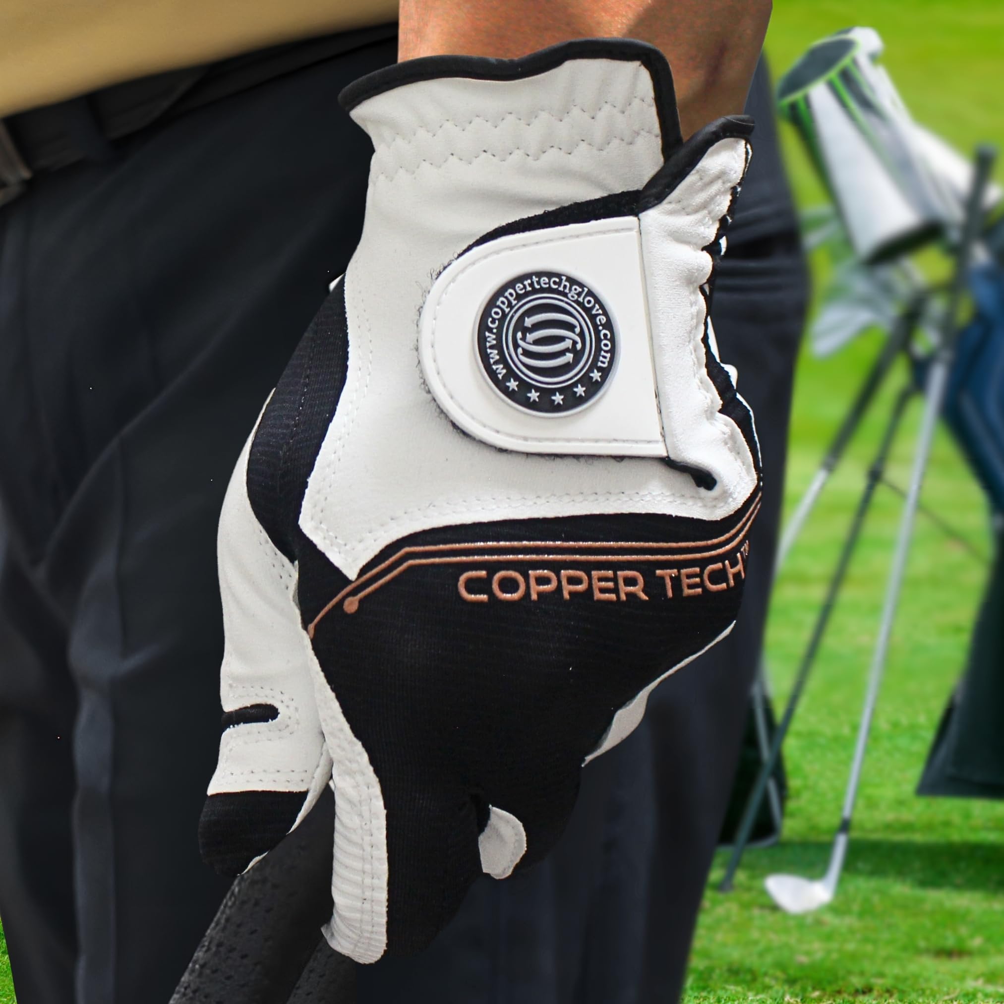 Copper Tech Men's Golf Gloves (2 Pack) - Crafted with 100% AAA Synthetic Leather - Advanced Copper Compression Golf Glove for Optimal Wrist and Joint Support (White/Black, X-Large, Left)