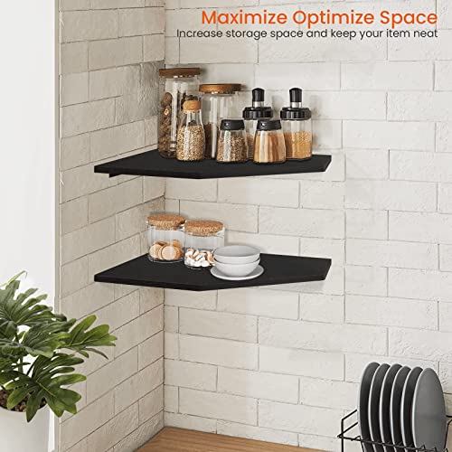 Homode Corner Shelf Wall Mount, Set of 2 Corner Floating Shelves with Wire Hole for TV, Cable Box, Wood Hanging Storage Shelf Organizer for Bathroom Kitchen Living Room Bedroom, Black