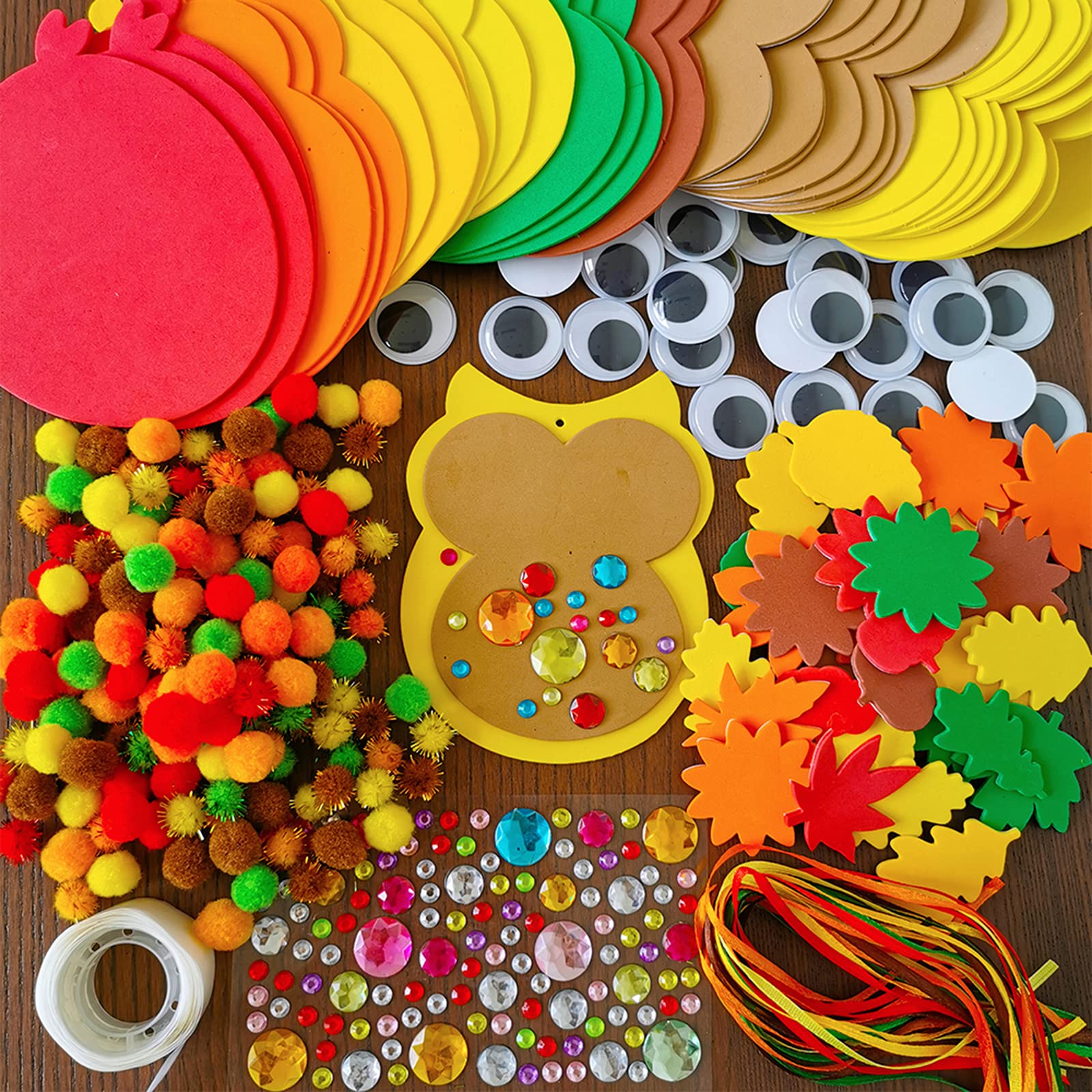 Winlyn 24 Sets Foam Owl Decorations DIY Owl Fall Craft Kit Assorted Foam Owl Shapes with Autumn Leaves Pumpkins Googly Eyes Pom-Poms for Kids Gift Halloween Thanksgiving Holiday Classroom Art Activity