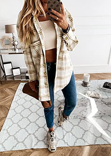 PRETTYGARDEN Women's 2023 Fall Clothes Plaid Shacket Jacket Long Sleeve Button Down Flannel Shirts Fashion Blouse(Plaid Khaki,Large)