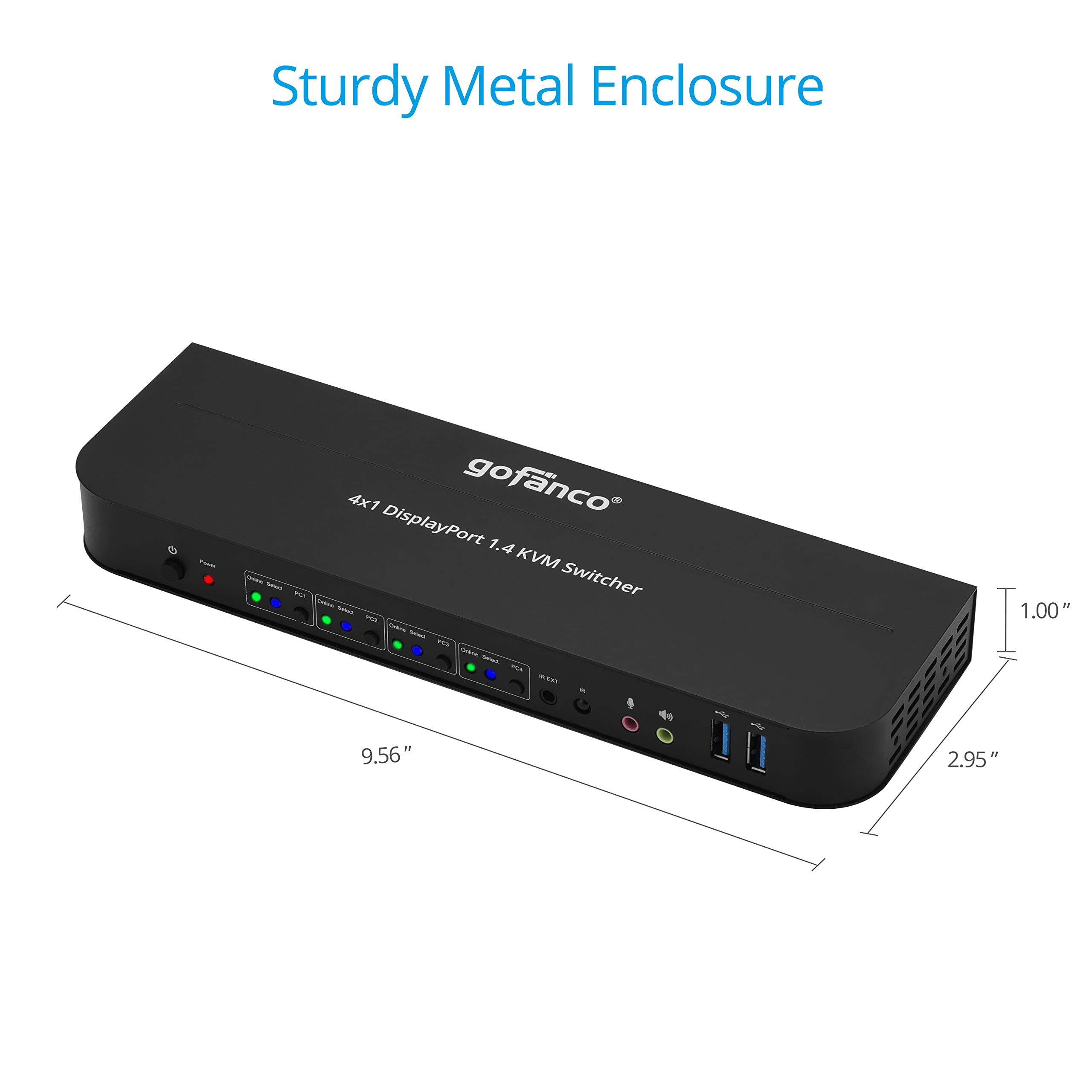 gofanco 4 Port 4K 60HZ DisplayPort KVM Switch with USB 3.0 β DisplayPort 1.4, 4K @60Hz 4:4:4, HDR, HDCP 2.2/1.4, USB Keyboard/Mouse, USB 3.0 Hub, MIC in, Stereo Out, IR Remote, Hotkeys (KVMDP-4P)