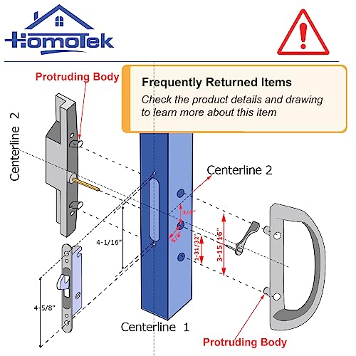 HOMOTEK 1 Pack Patio Door Handle Set, Replacement Sliding Door Handle with Key for Sliding Patio Door Thickness from 1-1/2" to 1-3/4", 3-15/16" Screw Hole Spacing, Mortise Lock, Reversible, White