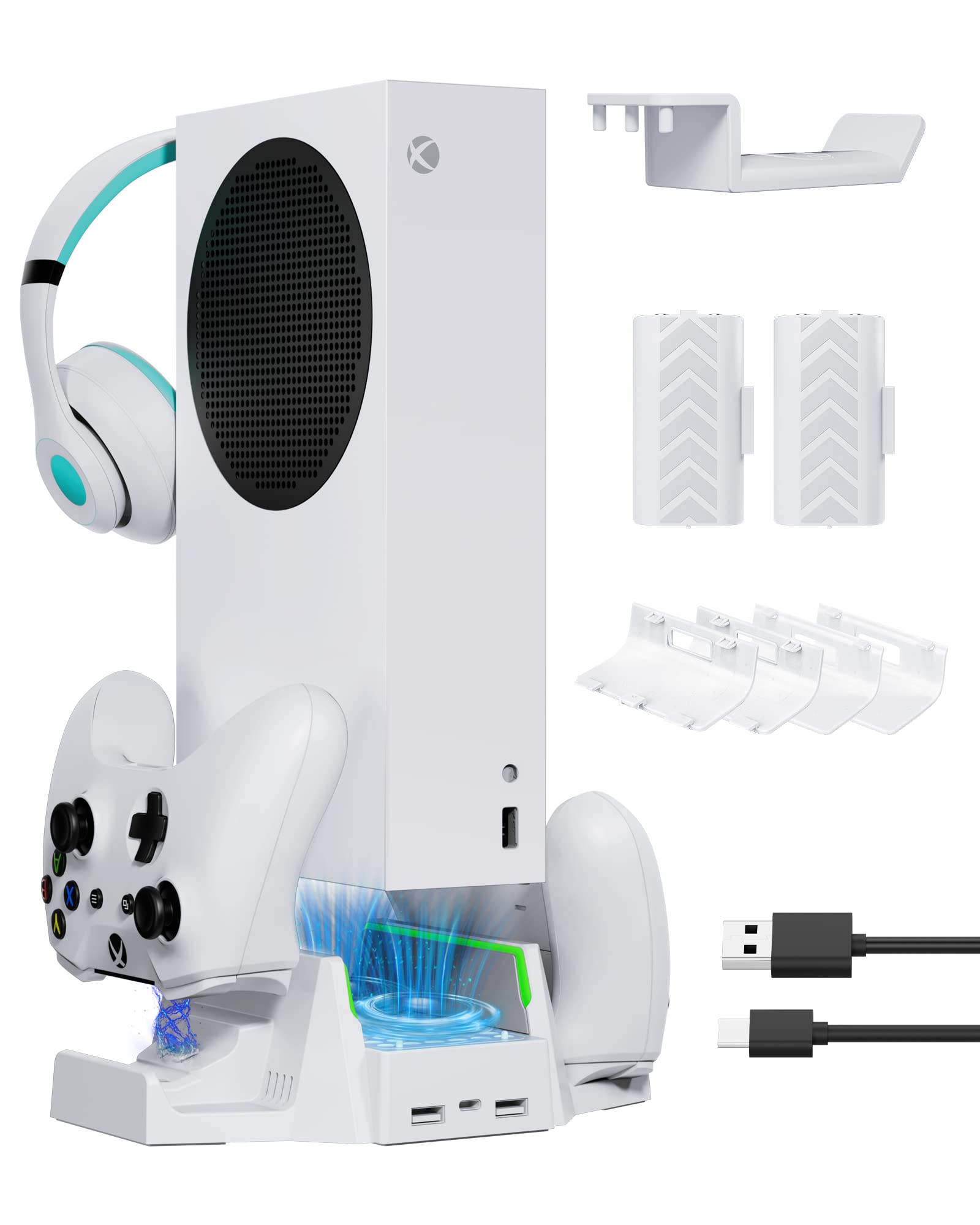 Cooling Stand for Xbox Series S with 2X 1400mAh Rechargeable Batteries,for Xbox Series S Accessories,Dual Charger Station Controller with Headset Holder & Adjustable Cooling Fan Cooling System