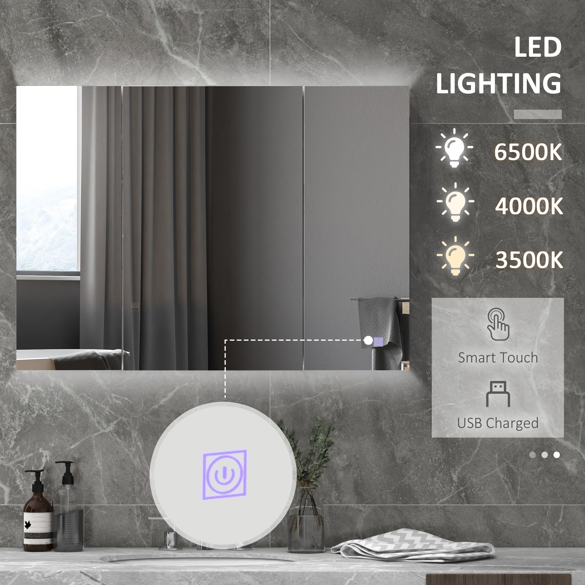 kleankin Lighted Medicine Cabinet with Mirror, 26" x 36" Wall Mounted Bathroom Mirror with Storage, 3-Color Bathroom Wall Cabinet with USB Charge, Adjustable Shelf, High Gloss White