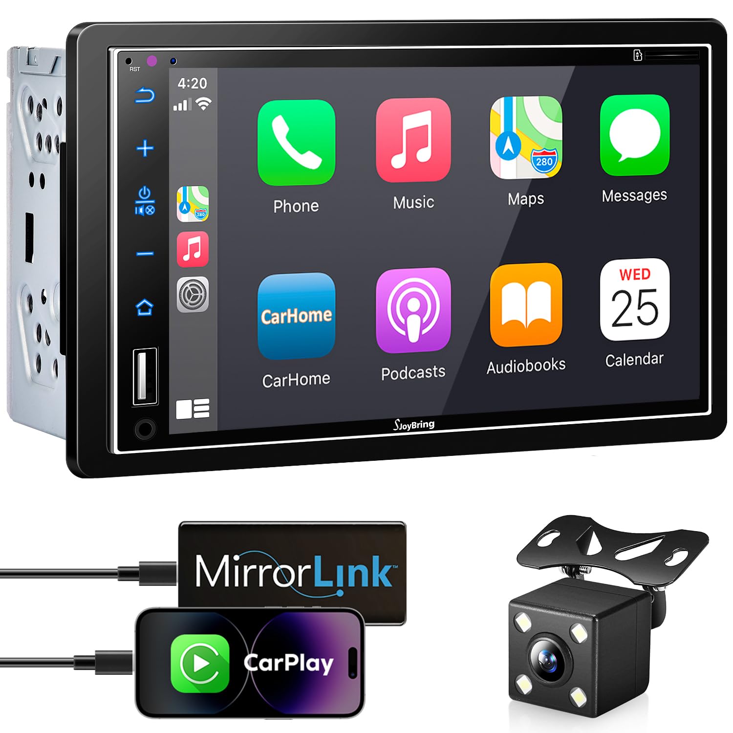 Car Stereo Compatible with Apple Carplay, Double Din 7" Full Touch HD Capacitive Screen - Mirror Link, Bluetooth, Backup Camera, Steering Wheel Controls, Subwoofer, AM/FM Car Radio for 12V Vehicles