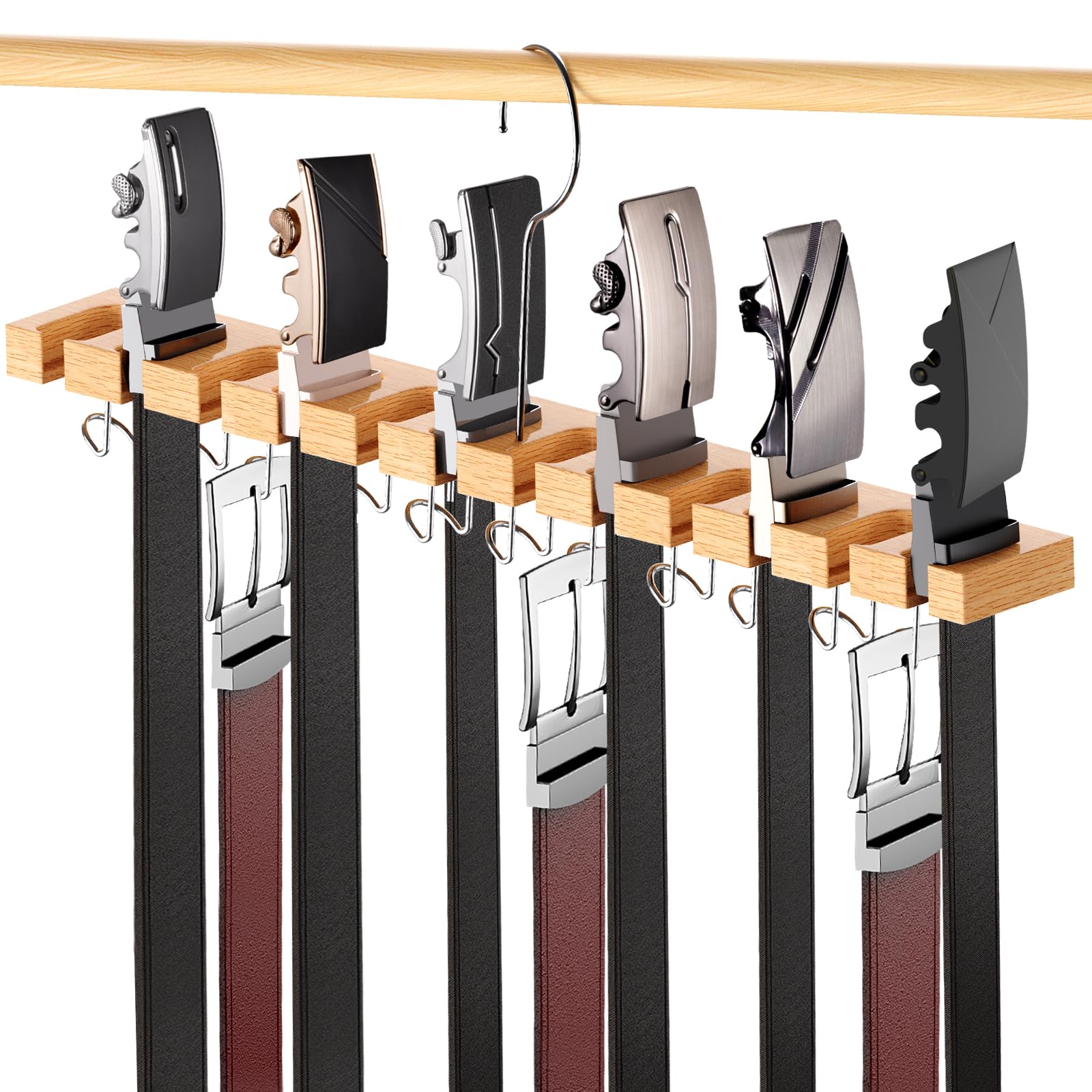 Cuipingoo Belt Hanger for Closet | 2-in-1 Wall Mount Belt Rack | 23 Slots Storage Max 42 Belts w/ 360° Hook | Ratchet Belt Organizer for Closet Accessories, Wardrobe, Door, Wood 1 Pack