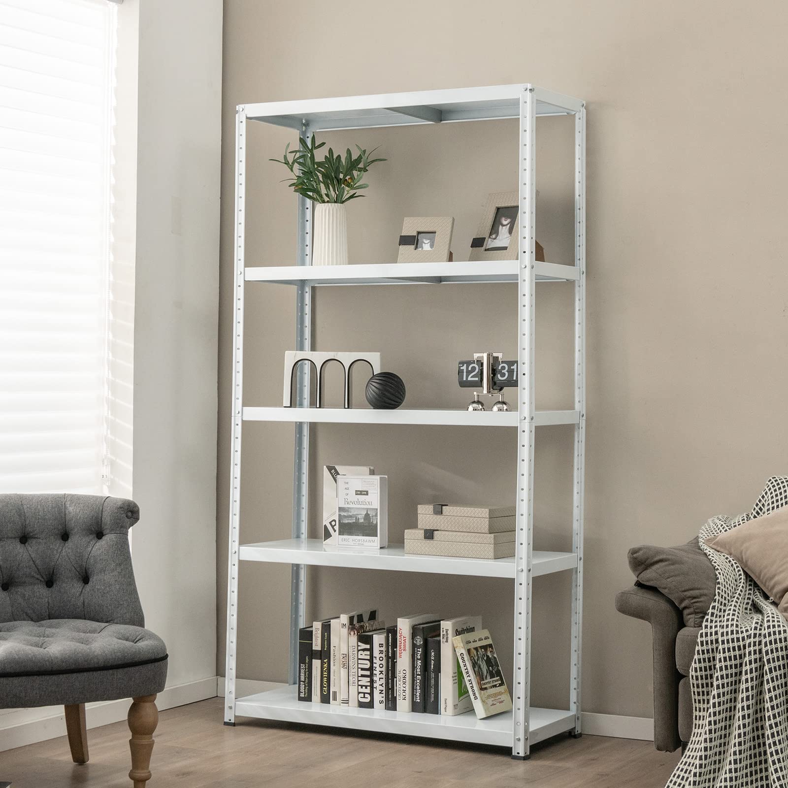 GOFLAME 5-Tier Metal Storage Shelves, Adjustable Garage Storage Shelving Unit, Heavy Duty Galvanized Utility Shelf Rack for Home, Warehouse, Garage, Workshop, 39" x 16" x 74", White, 1 Pack