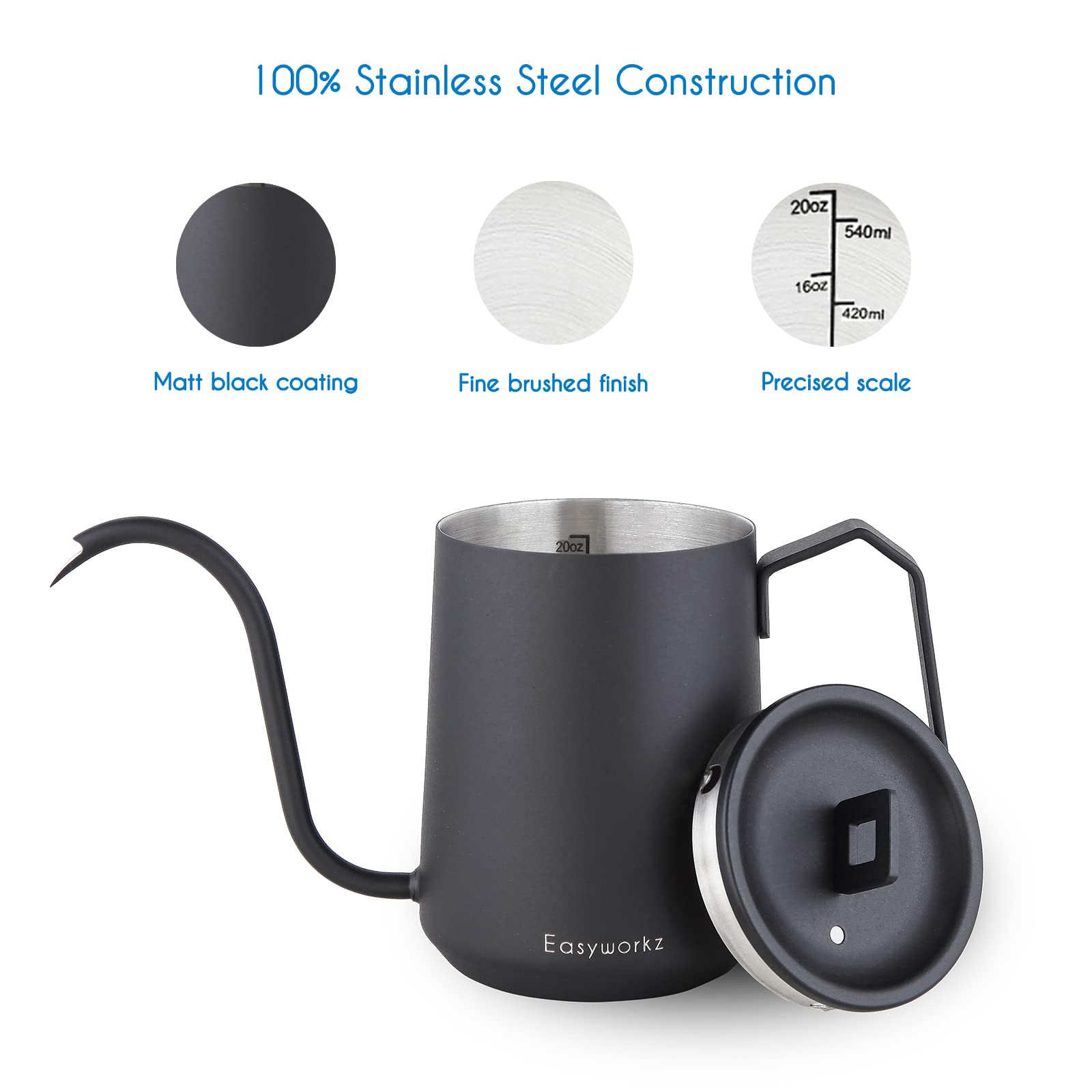 Easyworkz Gooseneck Pour Over Coffee Kettle 20 oz Stainless Steel Hand Drip Coffee Pot With Long Narrow Spout, Matte Black