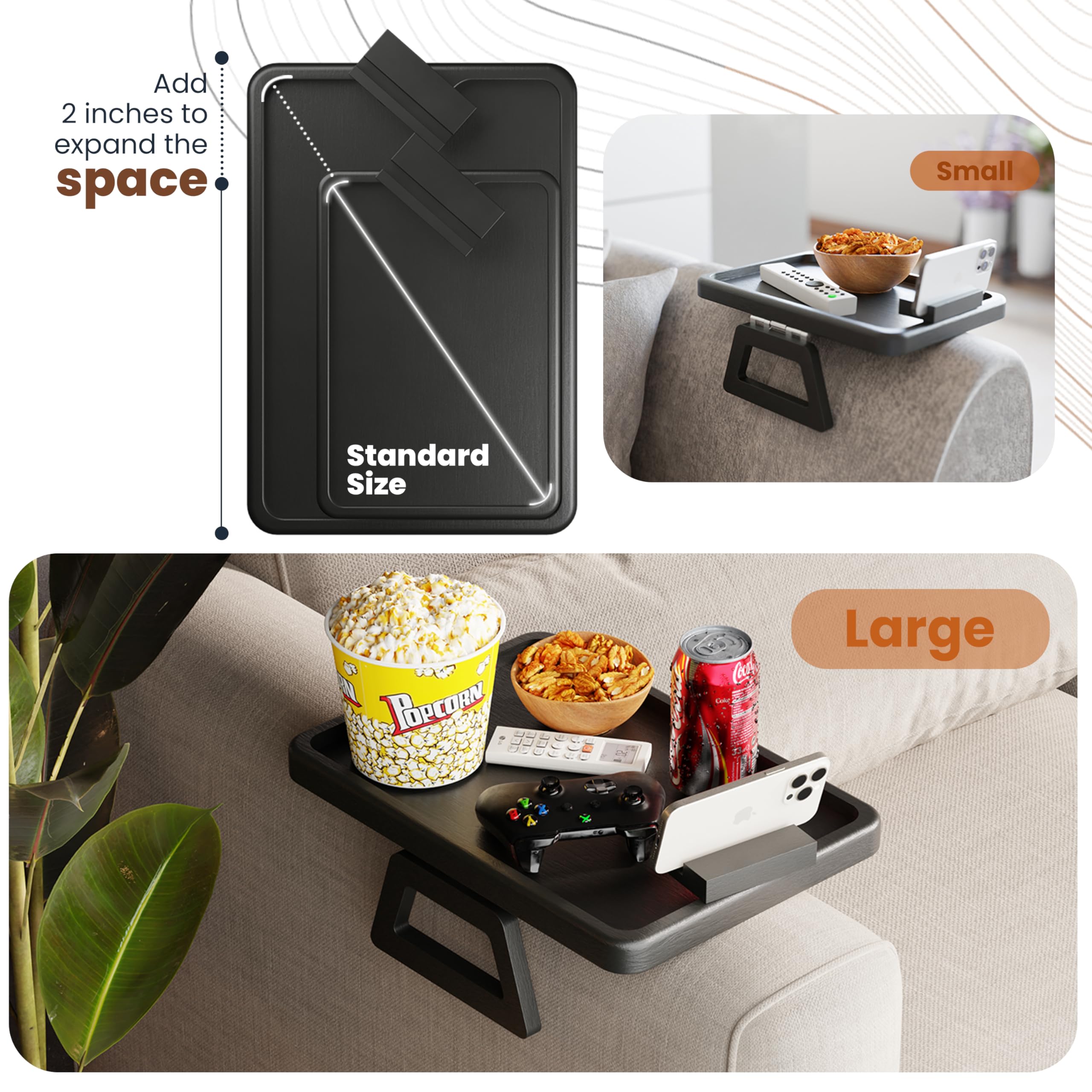 Tinamo Acacia Wood Sofa Armrest Tray - Large Sofa Arm Tray Table Clip - Couch Arm Table for Wide Couches - Wooden Side Tables for Small Spaces for Eating and Drink (Black, Large)