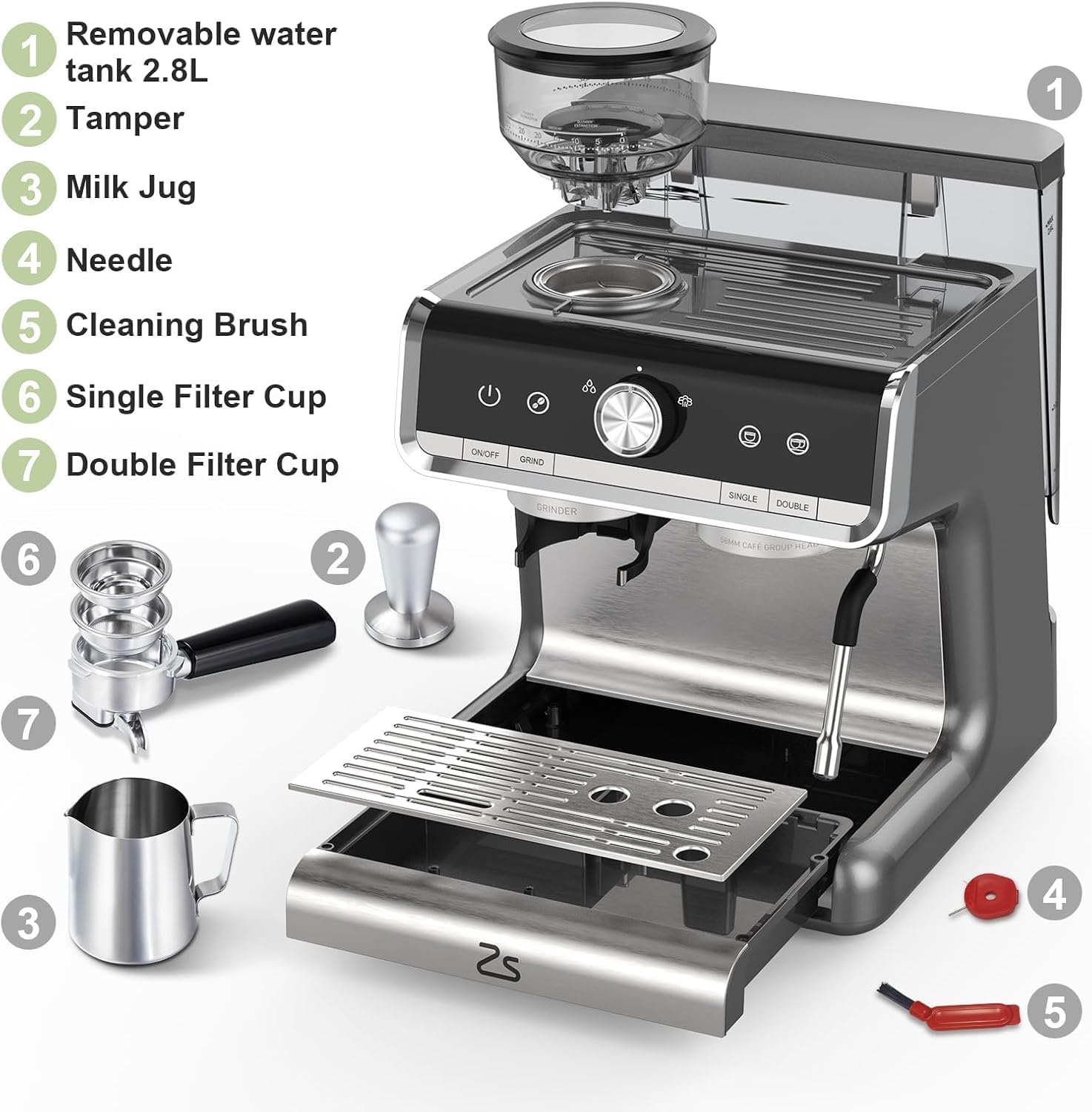 Expresso Coffee Machines With Grinder, Espresso Machine 20 Bar With 2.8 L Water Tank, Semi-Automatic Espresso Maker With Milk Frother Steamer Wand For Cappuccino, Latte, Macchiato