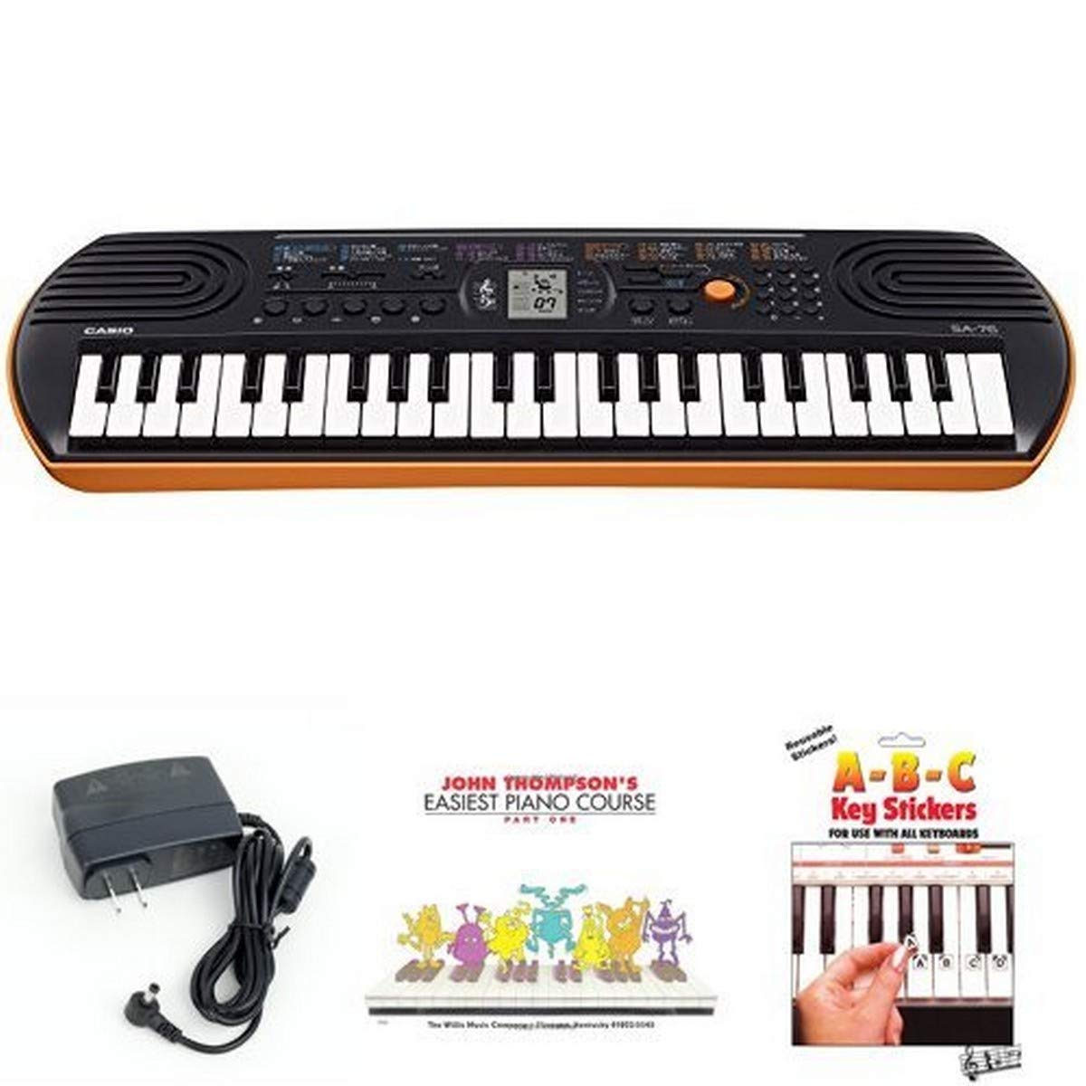Casio SA76 44 Keys 100 Tones Keyboard bundle with Casio Power Supply, John Thompson's Easiest Piano Course and ABC Keyboard Stickers