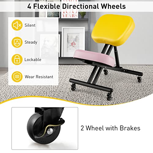 Giantex Height Adjustable Kneeling Chair - Seat Height from 20.5β to 26.5β, Adjustable Stool with Smooth Wheels, Foam Padded Cushions, Ergonomic Kneeling Chair for Office, Home, Yellow/Pink