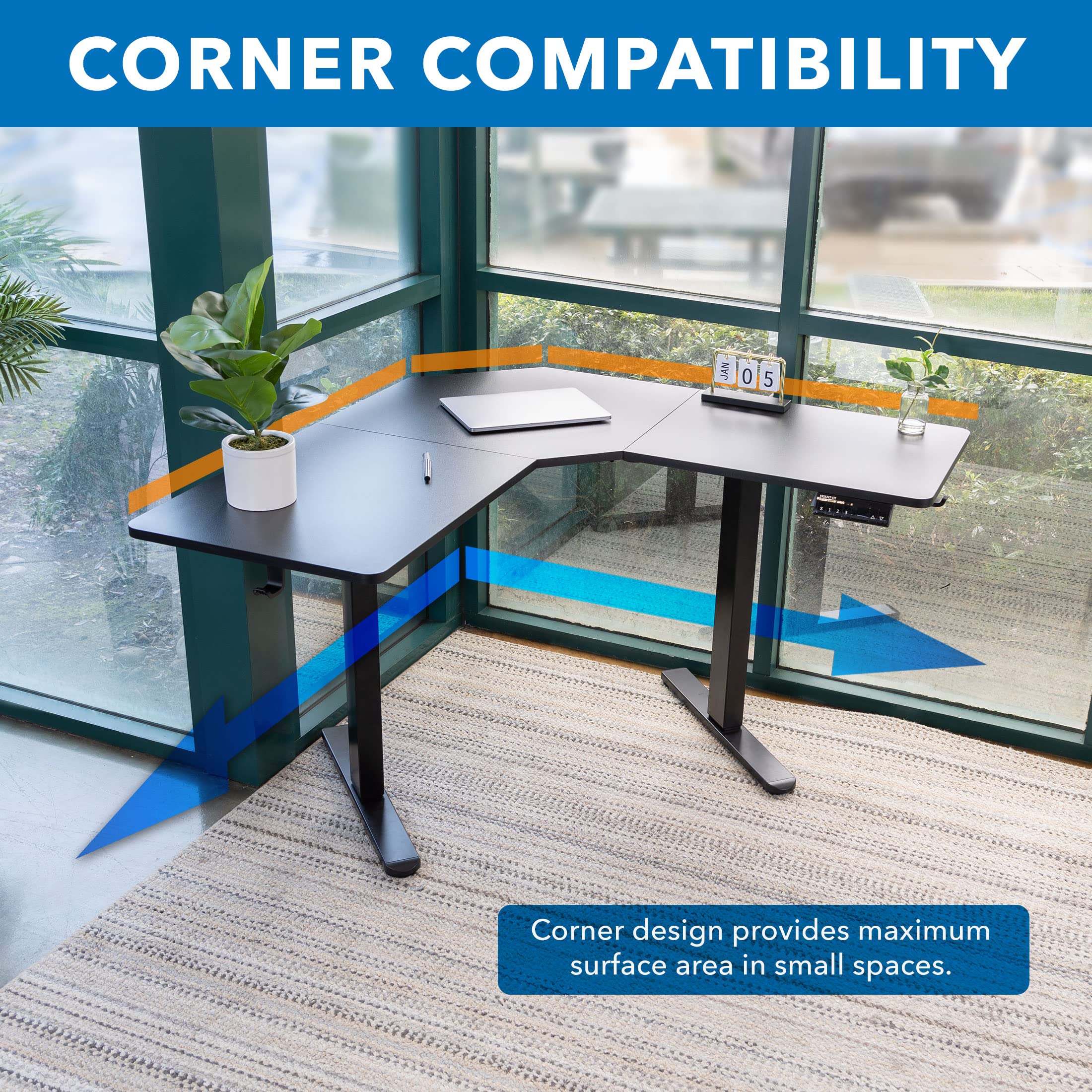 Mount-It! Electric Height Adjustable Corner Stand Up Desk, Black Steel Frame L-Shaped Standing Workstation for Corners, Automatic Sit Stand Desk, Smoothly Raises from 28.3" to 47.2", Home Office