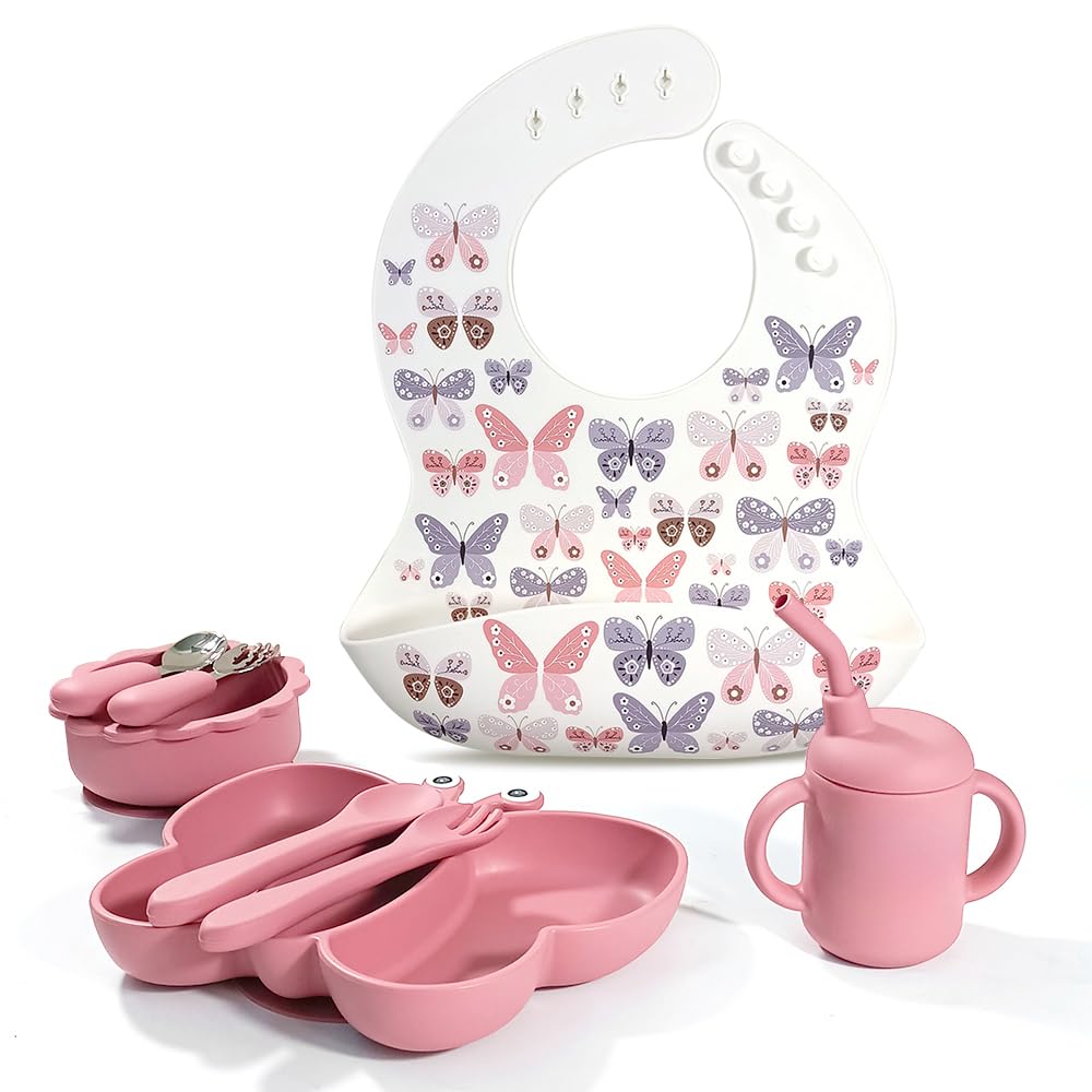 Light Mauve - Butterflies, Silicone Feeding Set | 8 Pcs Baby Led Weaning Supplies, Including Bib, Bowl, Plate, Training Cup, 1 Silicone Spoon & Fork Set, and 1 Stainless Steel Spoon & Fork Set