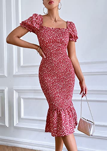 PRETTYGARDEN Women's Summer Floral Midi Bodycon Dresses Short Puff Sleeve Square Neck Ruffle Hem Mermaid Cocktail Dress (Red,Large)