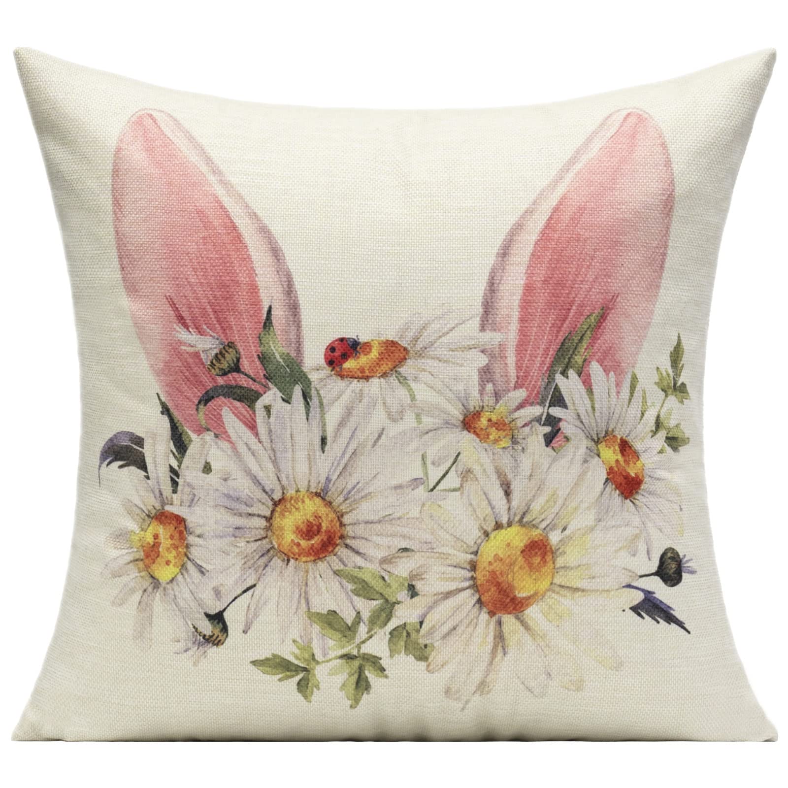 WOKANI Throw Pillow Covers 18x18 Set of 4 Easter Spring Bunny Rabbit Daisy Flowers Ladybug Decorative Cushion Cases Garden Home Décor for Patio Sofa Couch Chair Porch