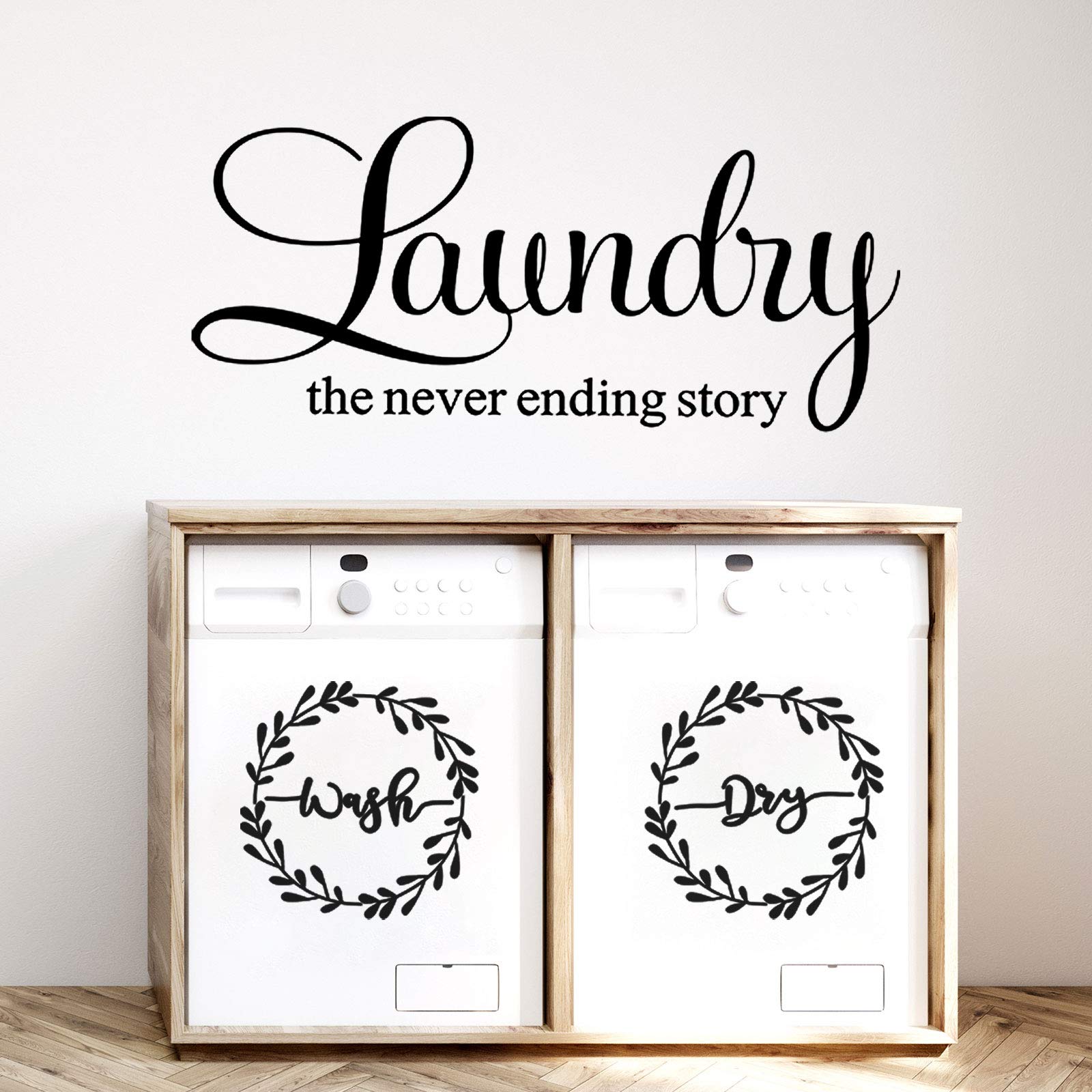Laundry Room Vinyl Wall Decal Wash Dry Vinyl Laundry Stickers Laundry The Never Ending Story Decal Washer Stickers Quote Wall Art Stickers for Home Apartment Washing Machine (Black Printing)
