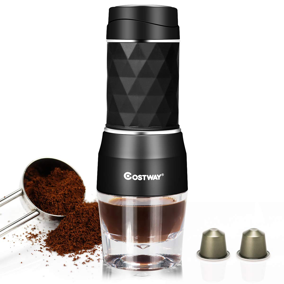 COSTWAY Manual Espresso Machine, 2-in-1 Portable Coffee Maker 20 Bar Pressure for Capsule and ground coffee