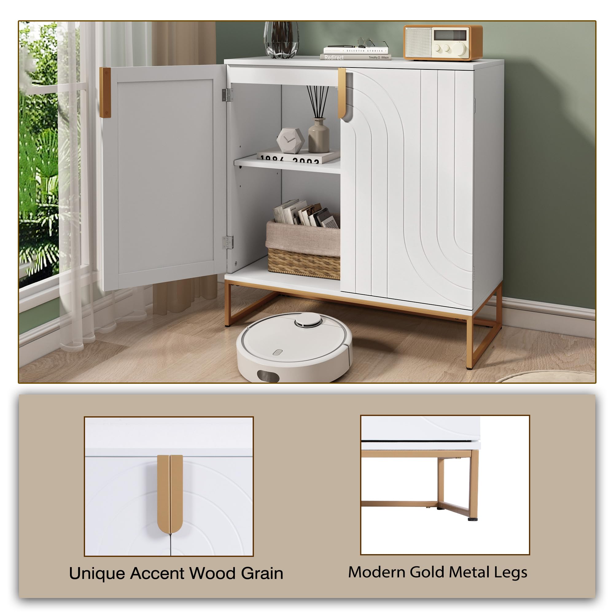 HLR Accent Wood Grain Cabinet with 2 Doors, Storage Cabinet Sideboard with Gold Metal Legs for Living Room,Entryway and Kitchen Dining Room, White