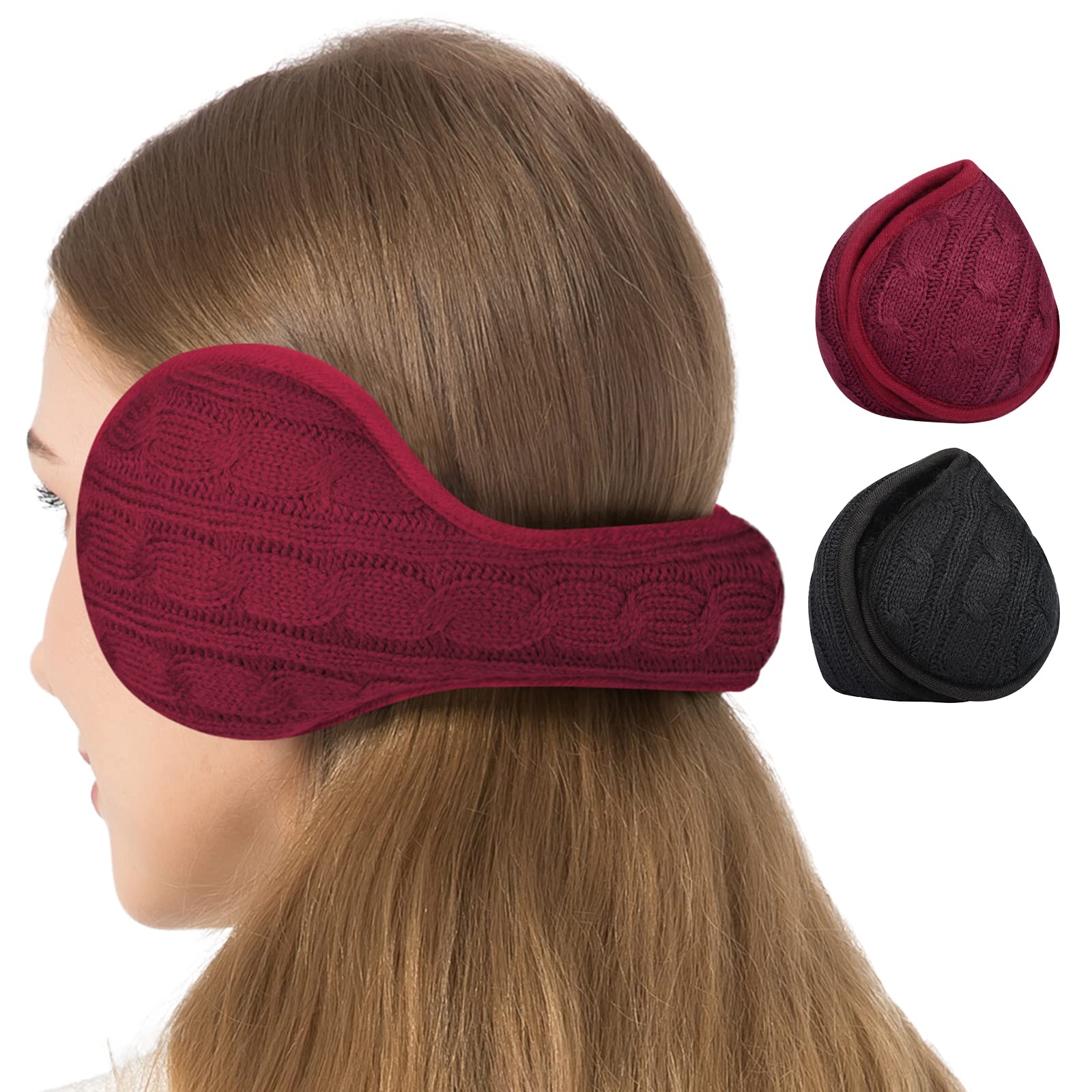 CUIMEI Knit Ear Muffs for Winter Women Men, Fleece Ear Warmer for Cold Weather, Behind the Head Adjustable Earmuffs