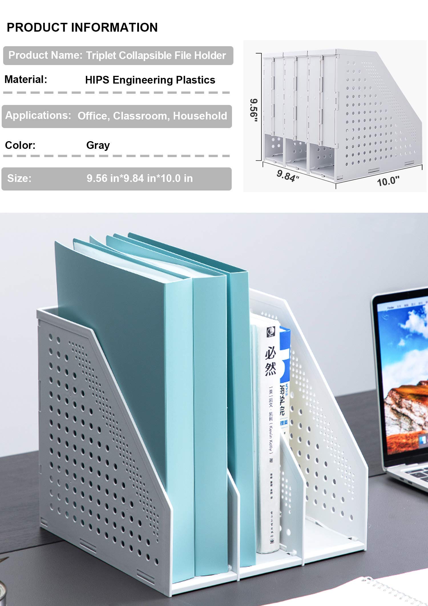 deli Collapsible Magazine File Holder/Desk Organizer for Office Organization and Storage with 3 Vertical Compartments