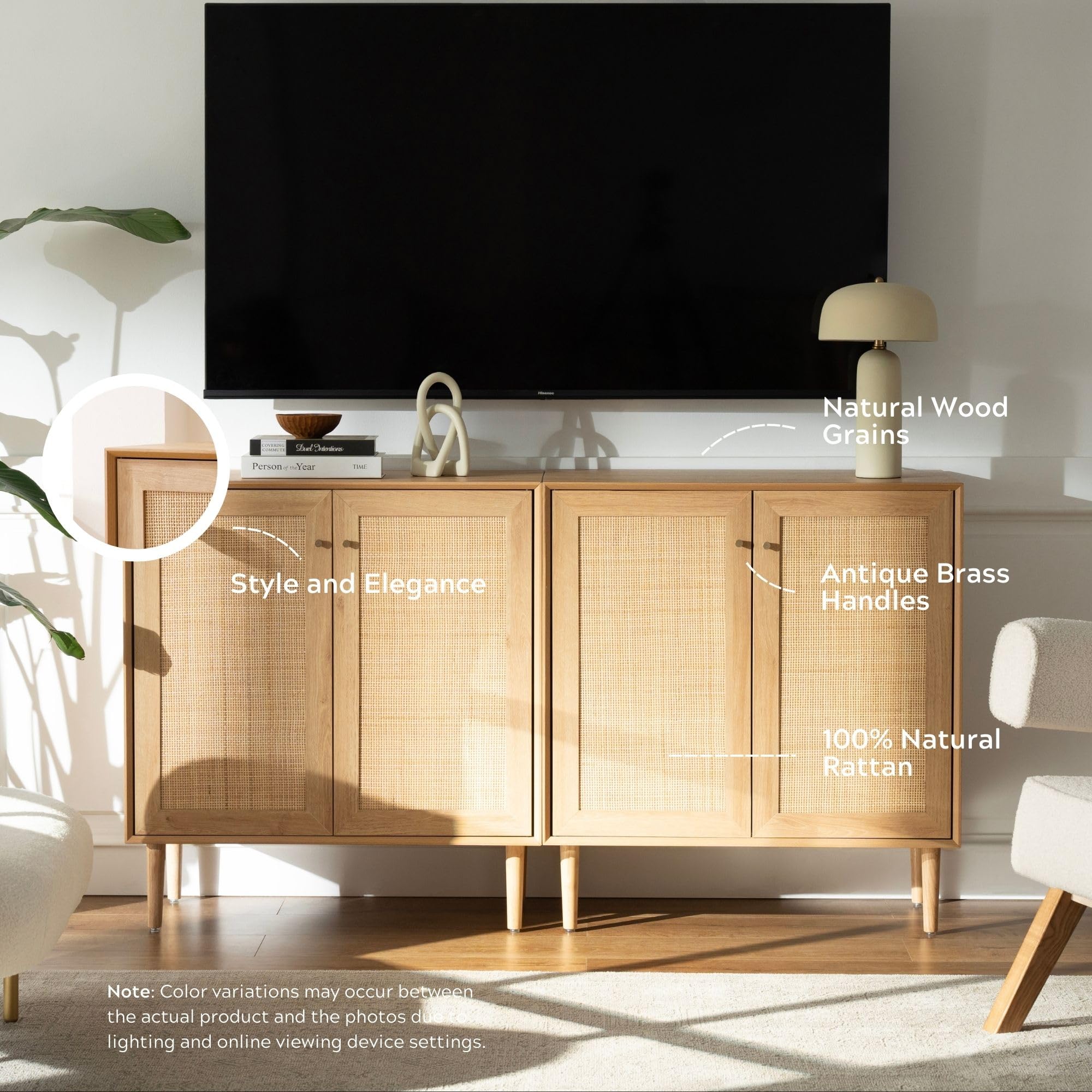 EYYTHUNG Rattan Storage Cabinet Set of 3 Accent Sideboard Cabinet, Boho Buffet Kitchen Bar Cabinet Farmhouse Credenza Cabinet with Adjustable Shelves for Dining Room (Square Doors/Oak)