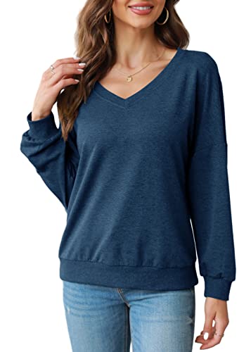 FMEYOA Womens V Neck Sweatshirts Long Sleeve Lightweight Loose Fall Basic Sweater Pullover Tops(Navy,Medium)