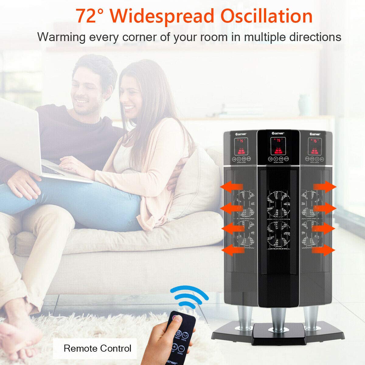 COSTWAY Oscillating Ceramic Tower Heater, 30.5-Inch Portable Room Heater 750W/1500W with 8H Timer, Adjustable Thermostat & Wireless Remote Control, Overheat & Tip-Over Protection for Indoor, Black