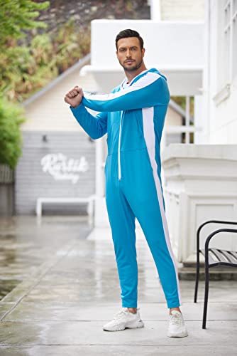 COOFANDY Men's One Piece Tracksuit Hooded Jogging Jumpsuit Long Playsuit with Pockets Blue XL