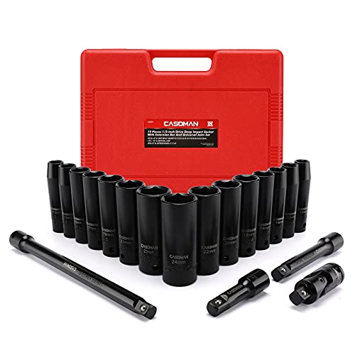 CASOMAN Complete 1/2-Inch Drive Deep Impact Socket Set, Metric, CR-V,10-24mm, 6 Point, 19-Piece Sockets Set with Extension Bar and Universal Joints
