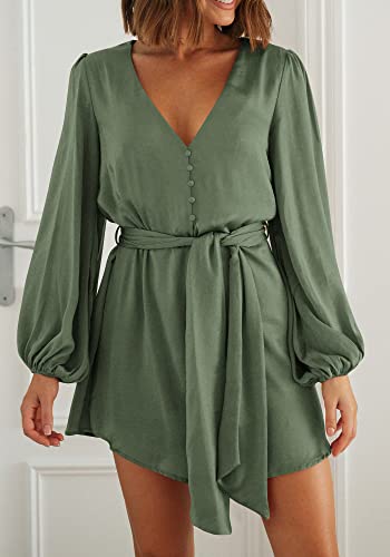PRETTYGARDEN Women's Spring Long Puff Sleeve Satin Dress V Neck Cocktail Party Belted Short Formal Dresses (Army Green,Medium)