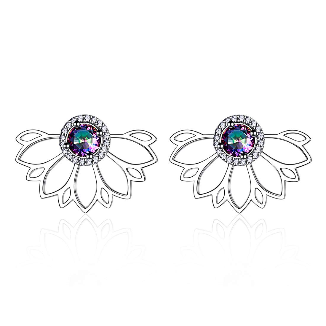 ChicSilver Hypoallergenic Ear Jacket Stud Lotus Flower Earrings for Women, 925 Sterling Silver Colorful Topaz Front/Back Stud Earrings for Sensitive Ear Dainty Fashion Jewelry