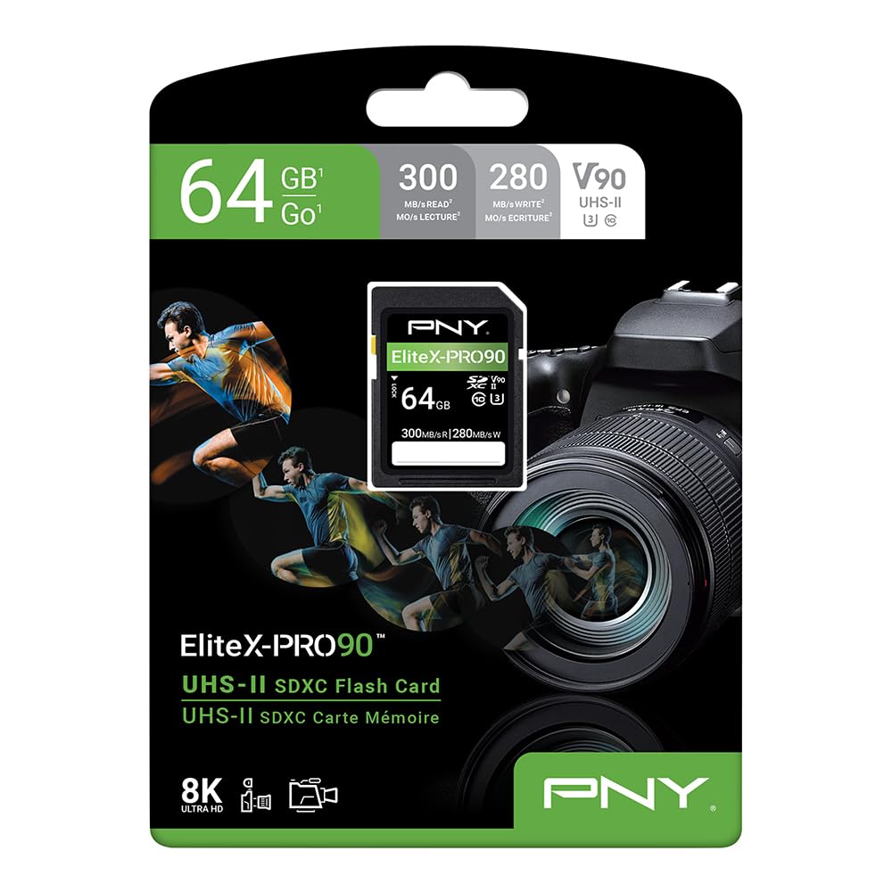 PNY 64GB EliteX-PRO90 UHS-II SDXC Memory Card – R300MB/s W280MB/s, U3, V90, 8K UHD, Full HD, UHS-II for Professional Photographers & Content Creators, DSLR, Mirrorless Cameras, Advanced Video Cameras