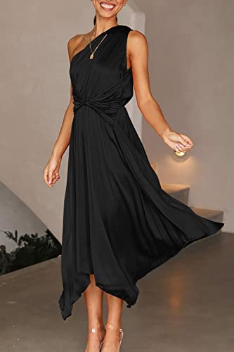 PRETTYGARDEN Women's Summer Long Satin Dress One Shoulder Sleeveless Ruched Twist Flowy Maxi Dresses (Black,Medium)