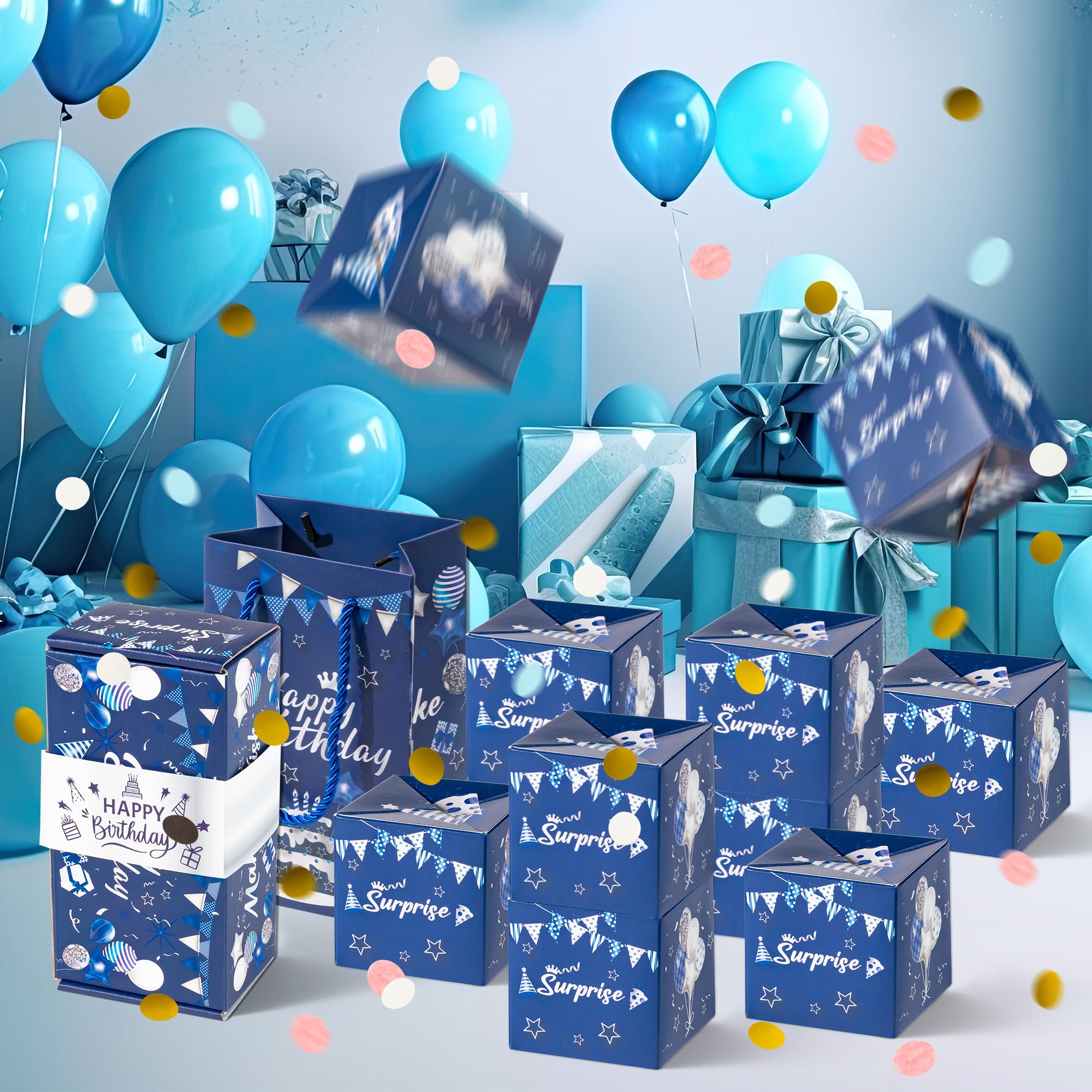 WATINC Surprise Gift Box Explosion - 16pcs Birthday Surprising Gift Boxes Exploding for Money, 12 Bounces Money Boxes Explosion with Confetti, Blue Pop Out Cash Holder for Bday Party Supplies