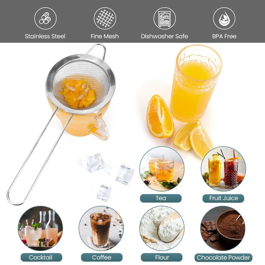 CUNSENR Premium Fine Mesh Tea Strainer - Stainless Steel Cocktail Strainer for Drink - Small Strainers for Kitchen, Tea Herbs, Juice, Coffee - Mini Strainer for Juicing - Easy to Use & Clean, Silver