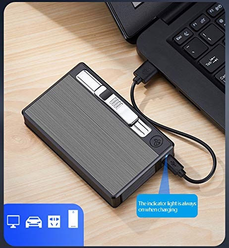 Cigarette Case Cigarette Holder Cigarette Box with Electric Lighter Rechargeable,Automatic Ejection Holder with Dual Arc Lighter,Full Pack 20pcs Slim Cigarettes,Flameless,Windproof (Silver)