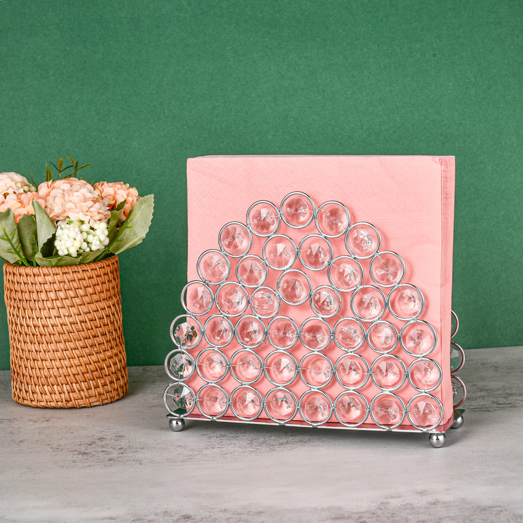 Feyarl Crystal Napkin Paper Holder Facial Tissues Napkin Organizer Mails Letters Cards Holder Cast Standing for Dinner Table Dresser Home Deco Office (Silver)