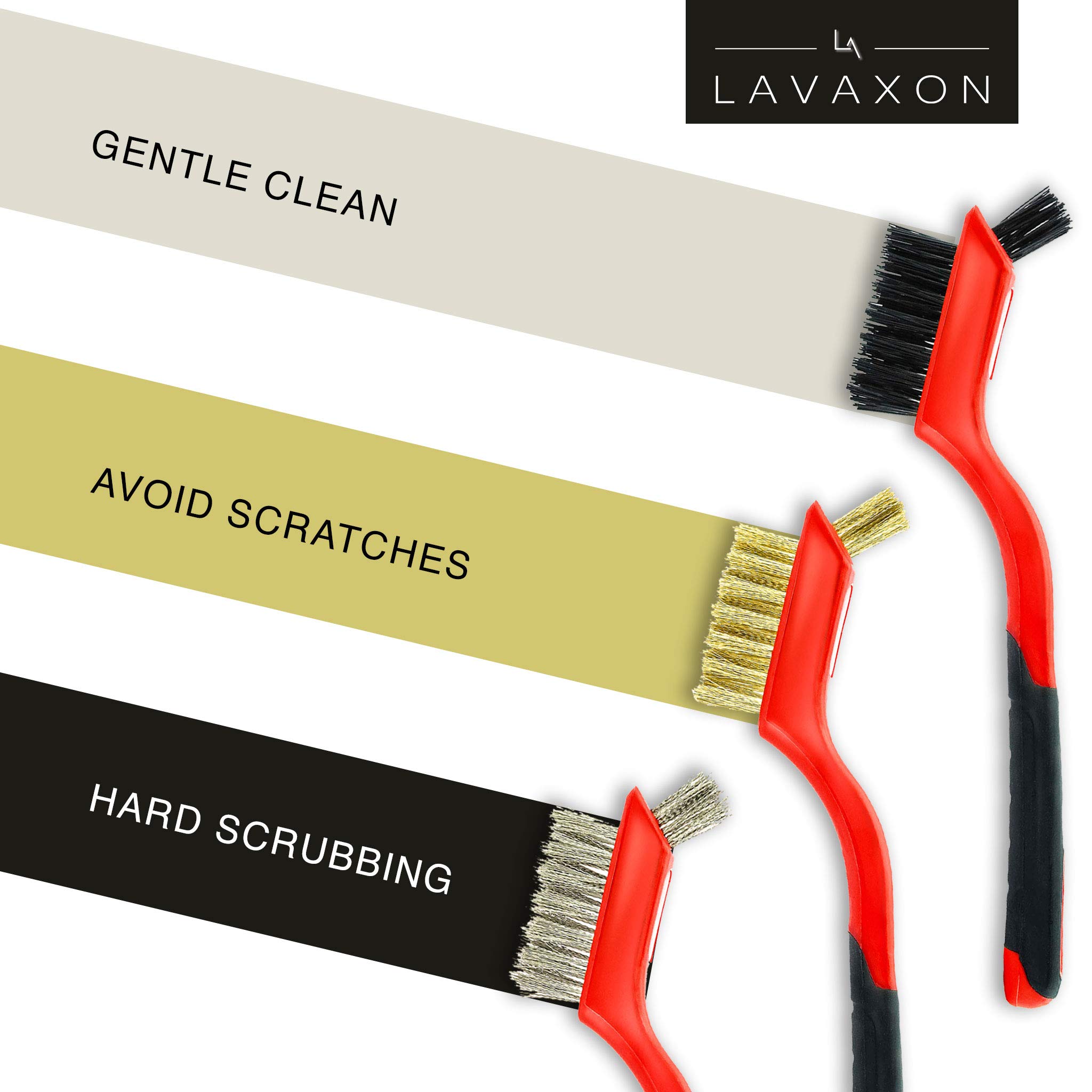 Lavaxon Wire Brush Set 3Pcs - Nylon/Brass/Stainless Steel Bristles with Curved Handle Grip for Rust, Dirt & Paint Scrubbing with Deep Cleaning – 7 Inches (Red)