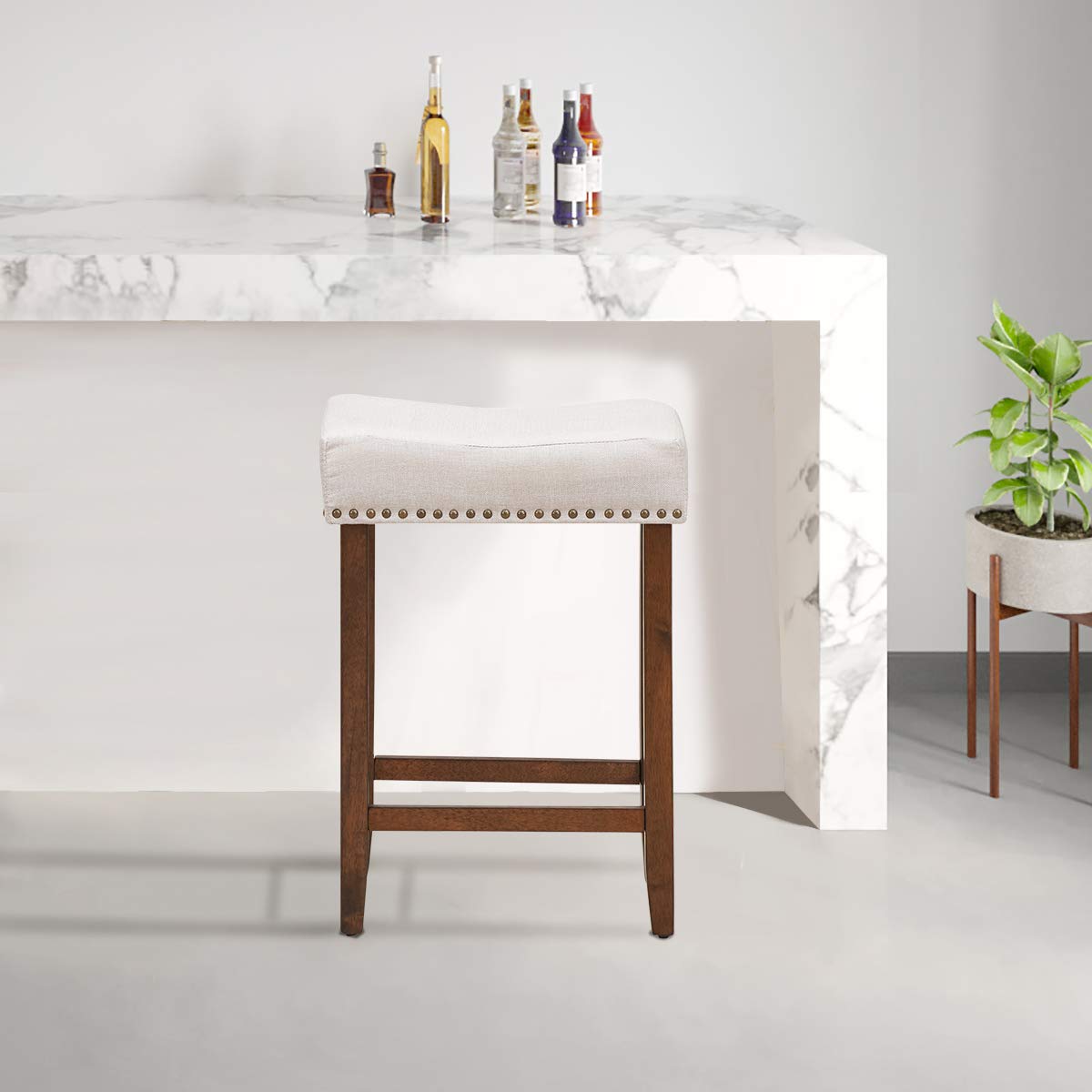 COSTWAY Saddle Stools Set of 2, 29-inch Counter Height Backless Stools with Brass Nailhead Trim, Solid Wood Legs, Foot Rest, Max Load 264 Lbs, Upholstered Bar Chair for Kitchen Island Pub, Grey