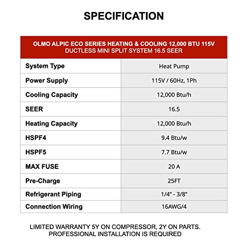 OLMO Alpic 12,000 BTU, 110/120V, 17.4 SEER2, Pre-charged Ductless Mini Split Air Conditioner with Heat Pump Including 16ft Installation Kit