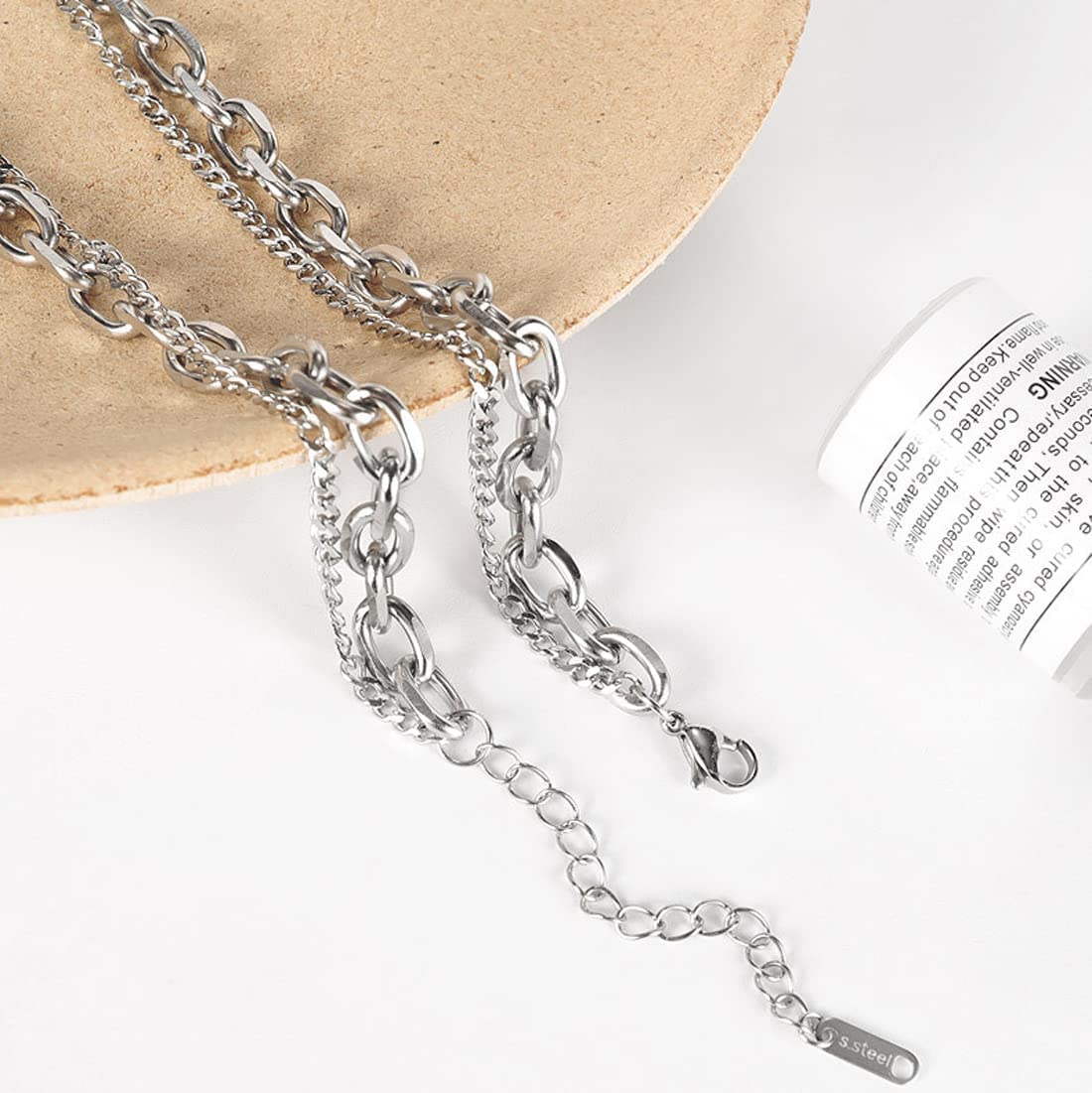 CooJew Stainless Steel Layered Necklace Smiling Face Pendant,19" Adjustable Multilayer Choker Punk Long Chain for Women Men