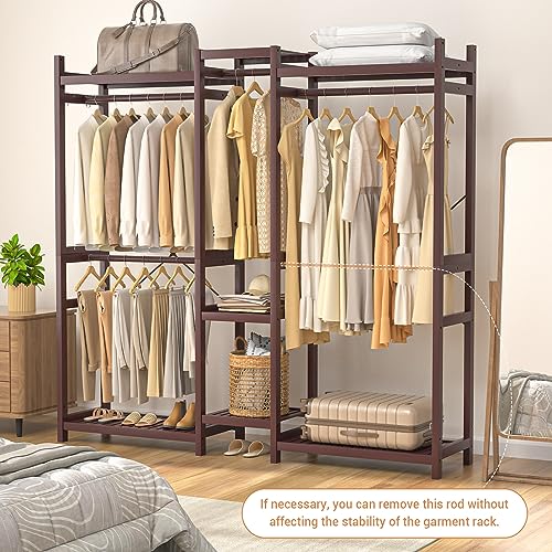 Homykic Bamboo Closet System, Large Clothing Rack Garment Rack for Hanging Clothes, Freestanding Clothes Rack with Shelves and 5 Rods, Stable Open Wardrobe Organizer with 4 Hooks, 70”Wx77”H, Espresso