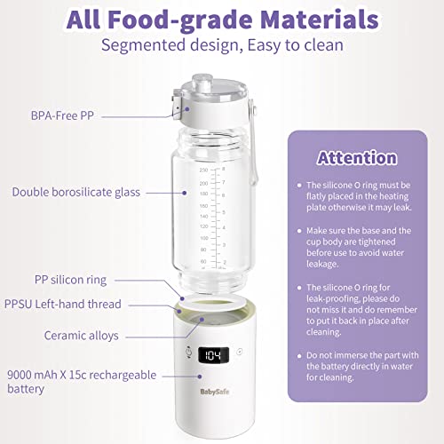 Portable Bottle Warmer for Baby Formula, BabySafe Wireless & Rechargeable Baby Water Warmer for Car Travel, 1.5Mins Fast Heating & 9H Constant Temperature Baby Milk Warmer On The Go (White)