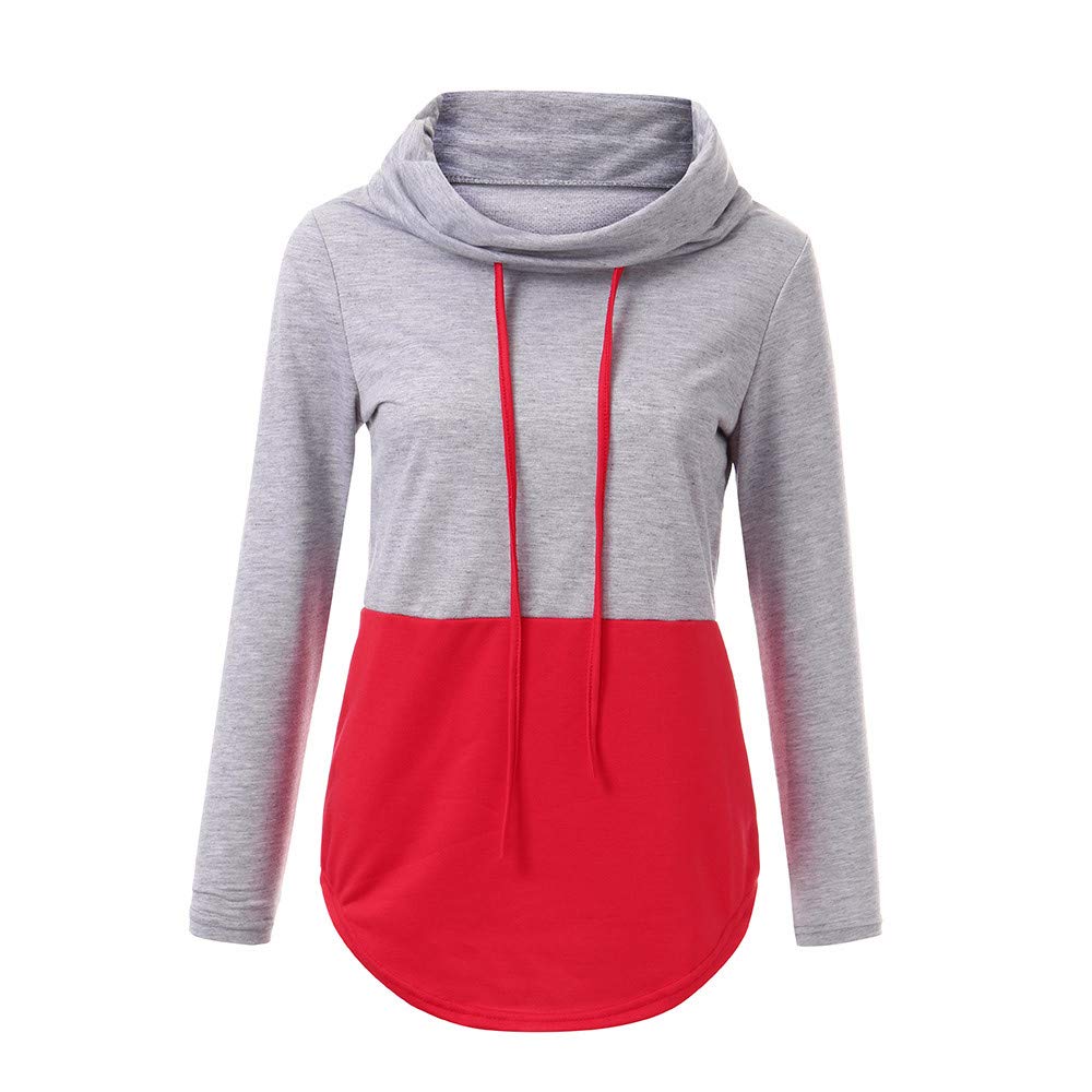 Women Cowl Neck Color Block Long Sleeve Tunic Sweatshirt Pullover Tops Turtleneck Patchwork Shirt Blouse Top Red