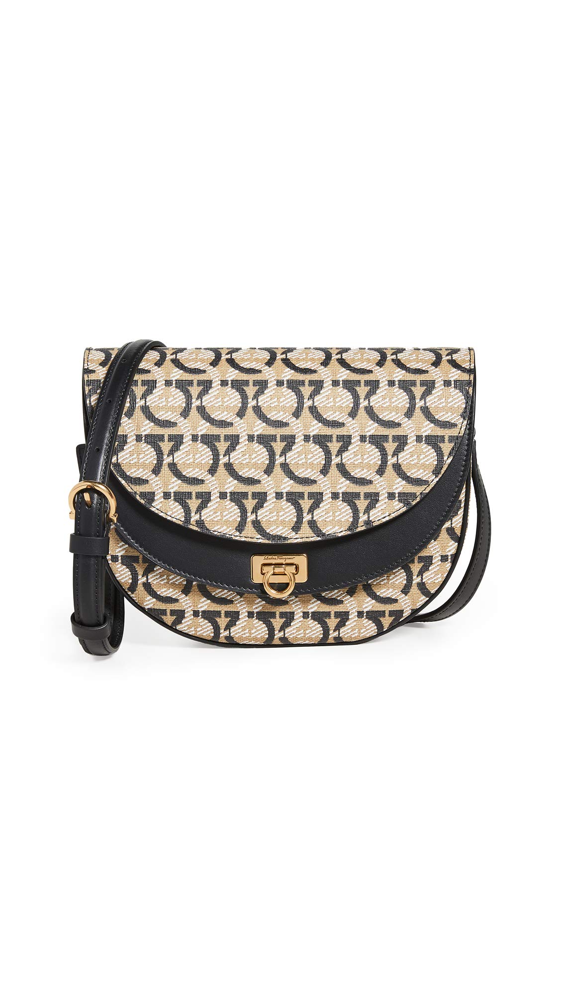 Salvatore Ferragamo Women's Ferragamo Traveler Saddle Bag, Gancini Sand/Foster Nero, Black, Print, One Size
